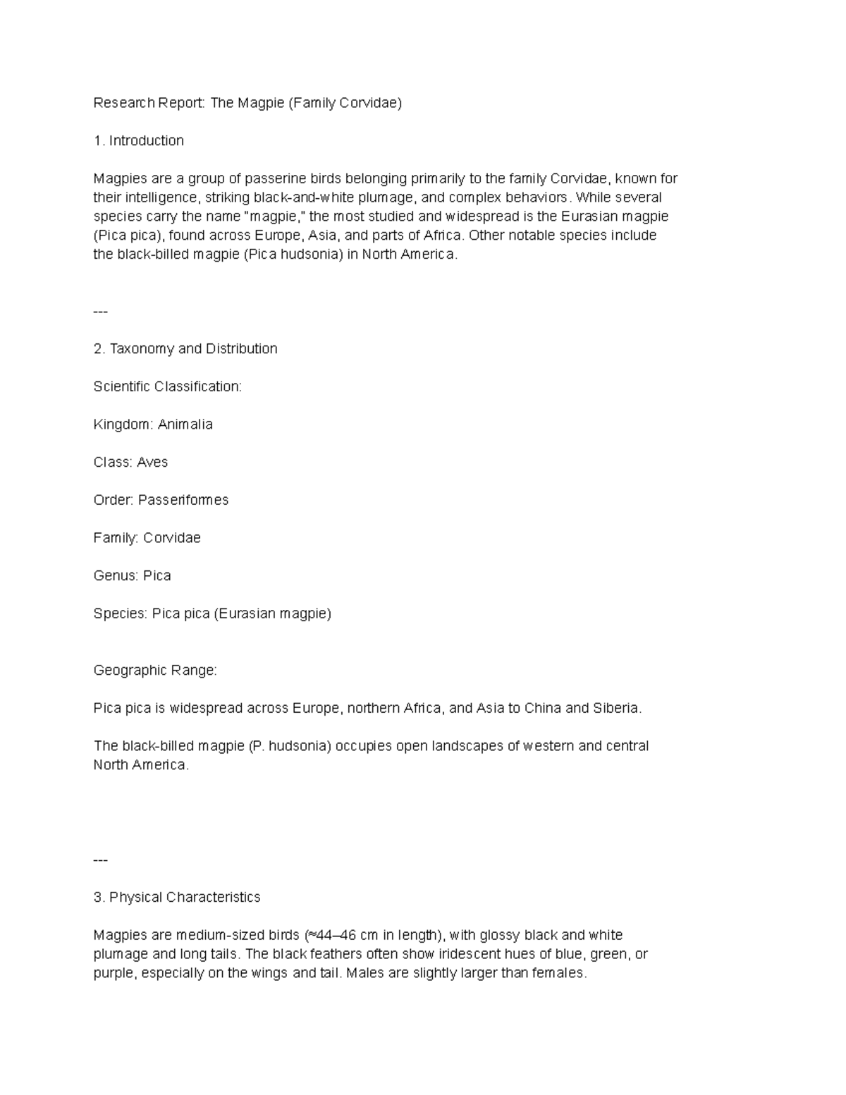 Research Report: The Magpie (Family Corvidae) - Ecology & Behavior ...