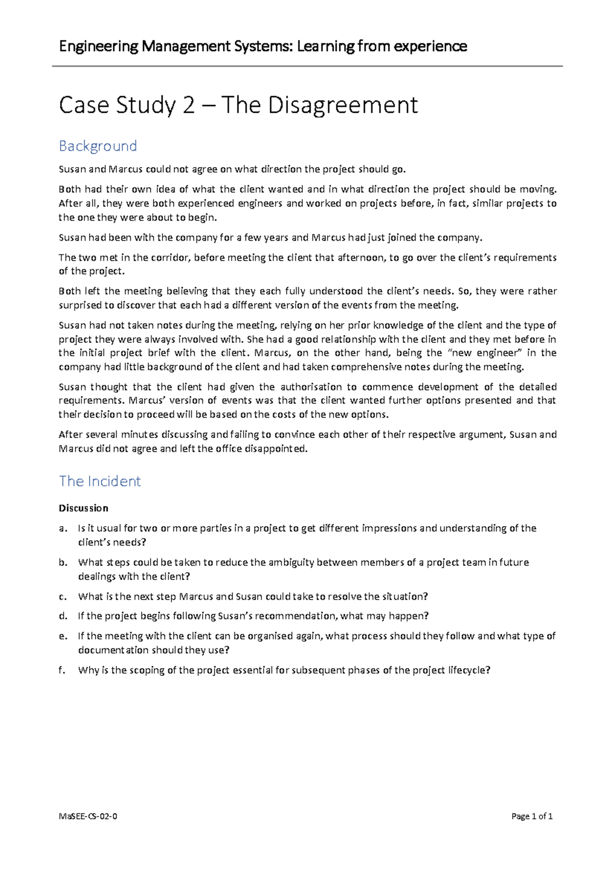 Engineering Management Systems: Case Study on Project Disagreement ...