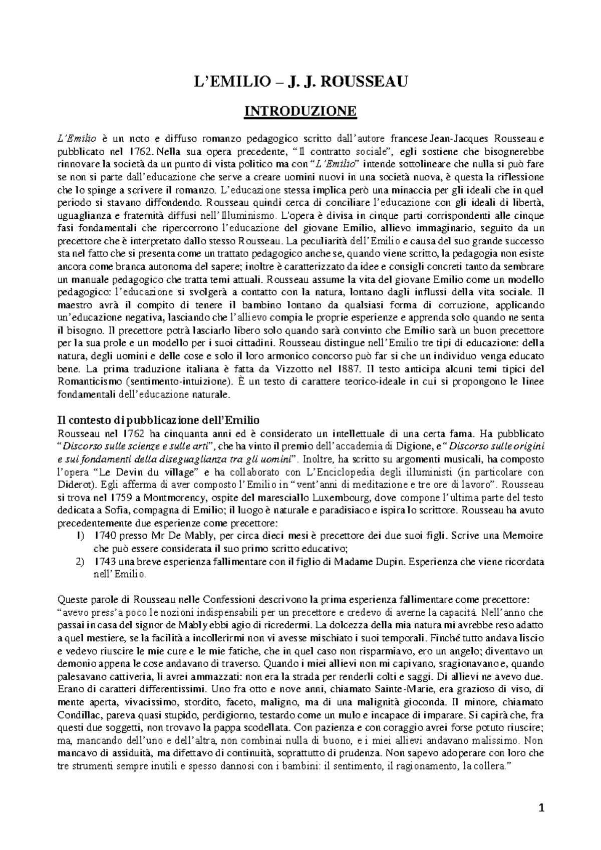 Riassunto di "Emilio o Dell'educazione" di Rousseau - Studocu