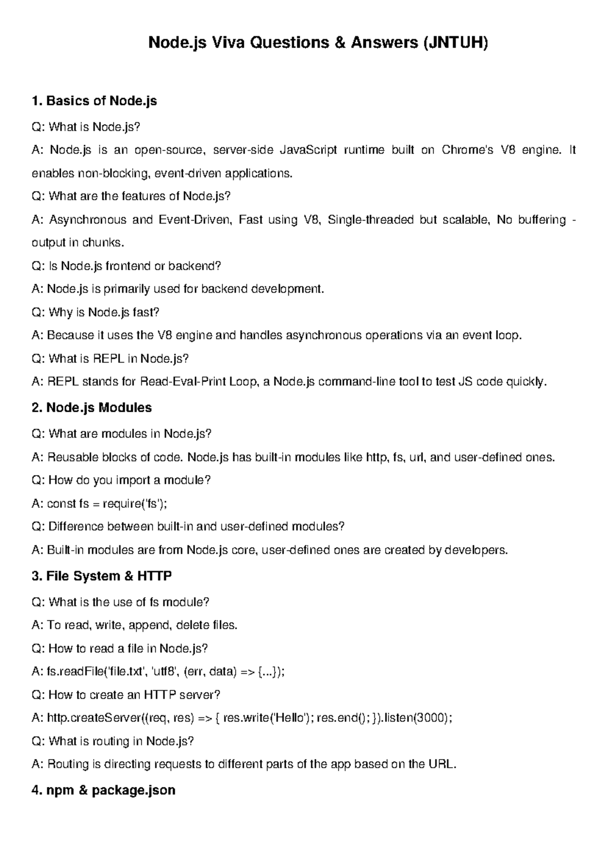 Node.js Viva Questions & Answers (JNTUH) - Comprehensive Guide - Studocu