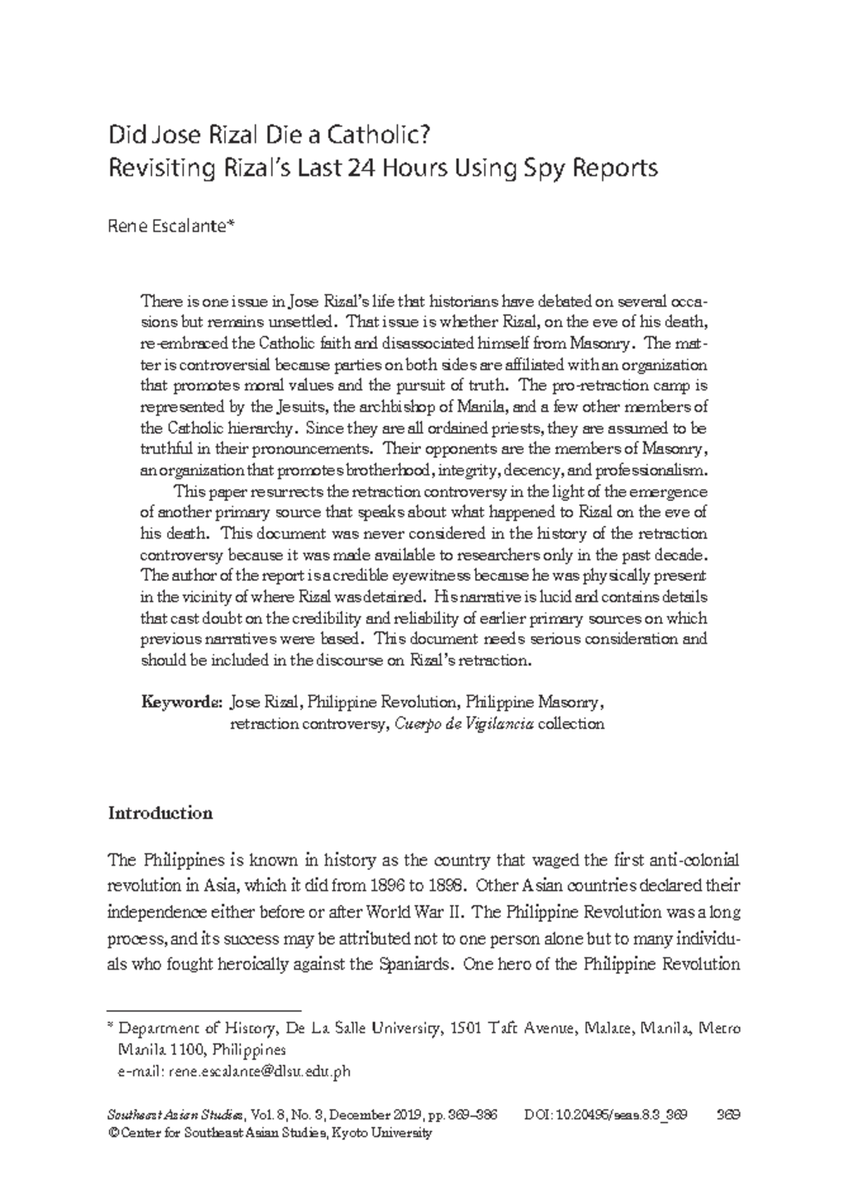 Rizal’s Last 24 Hours: New Insights from Spy Reports - Rene Escalante ...