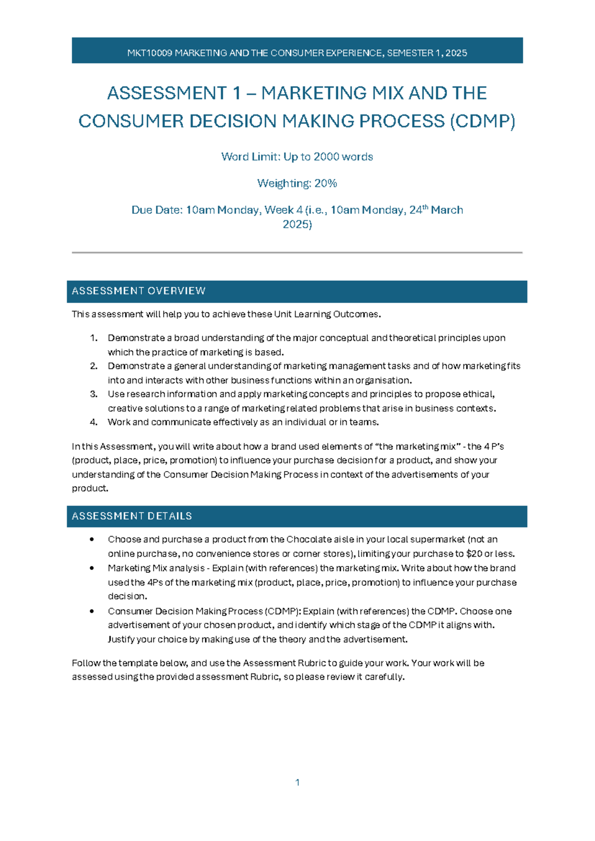 MKT10009 HS1 2025 Assessment: Marketing Mix & Consumer Decision Process ...