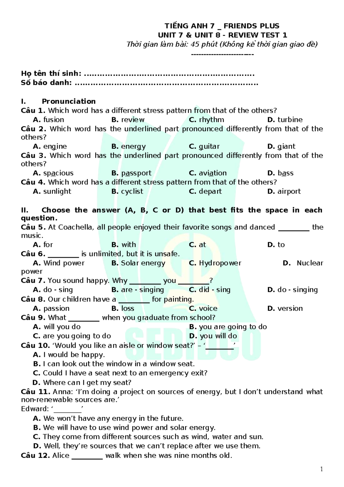 Tiếng Anh 7 Friends Plus - Review Test 1 for Units 7 & 8 - Studocu