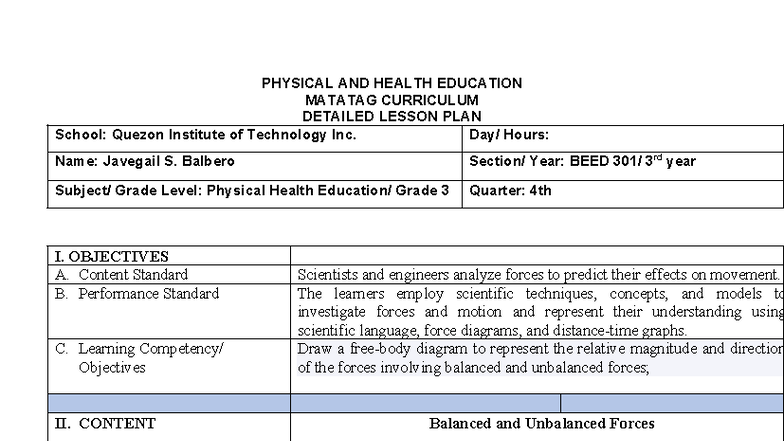 PE-3 Detailed Lesson Plan: Locomotor & Nonlocomotor Movements - Studocu