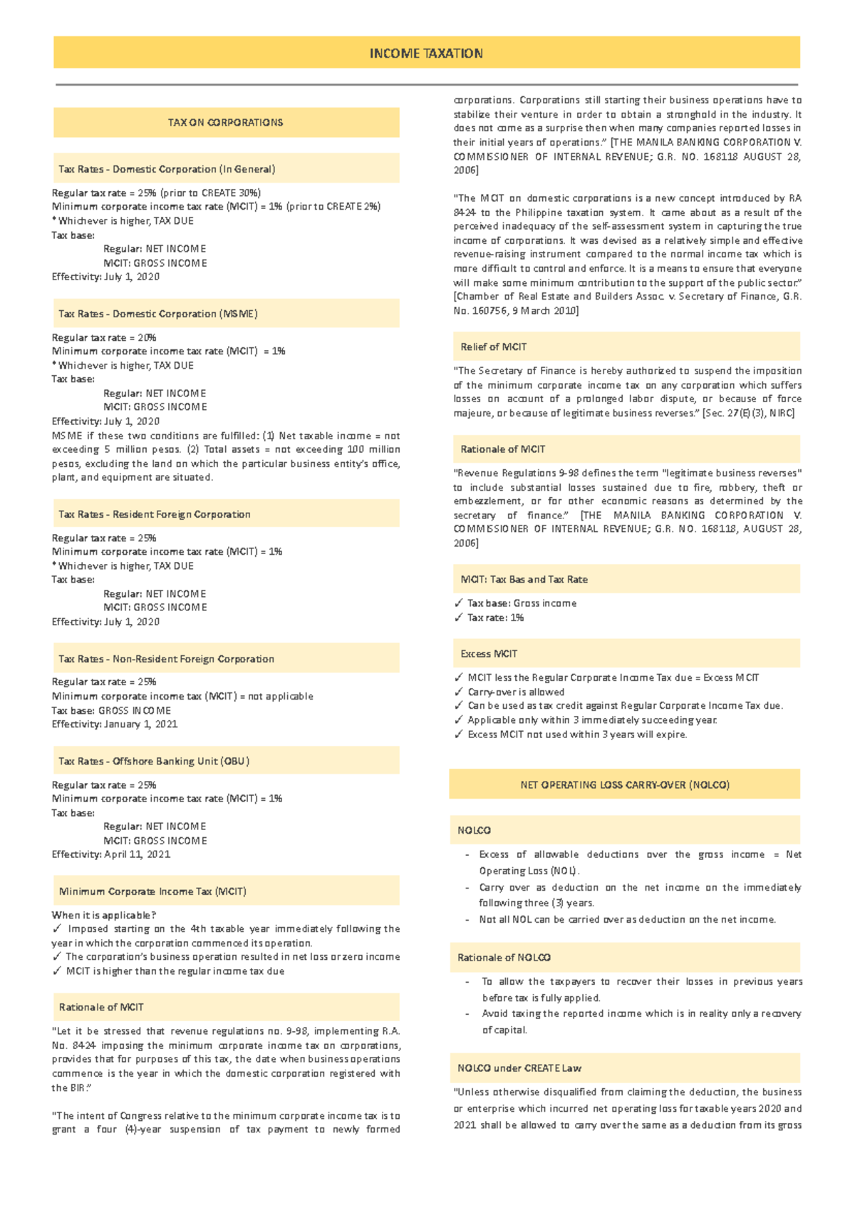 Tax on Corporations: NOLCO and Corporate Income Tax Rates - Studocu