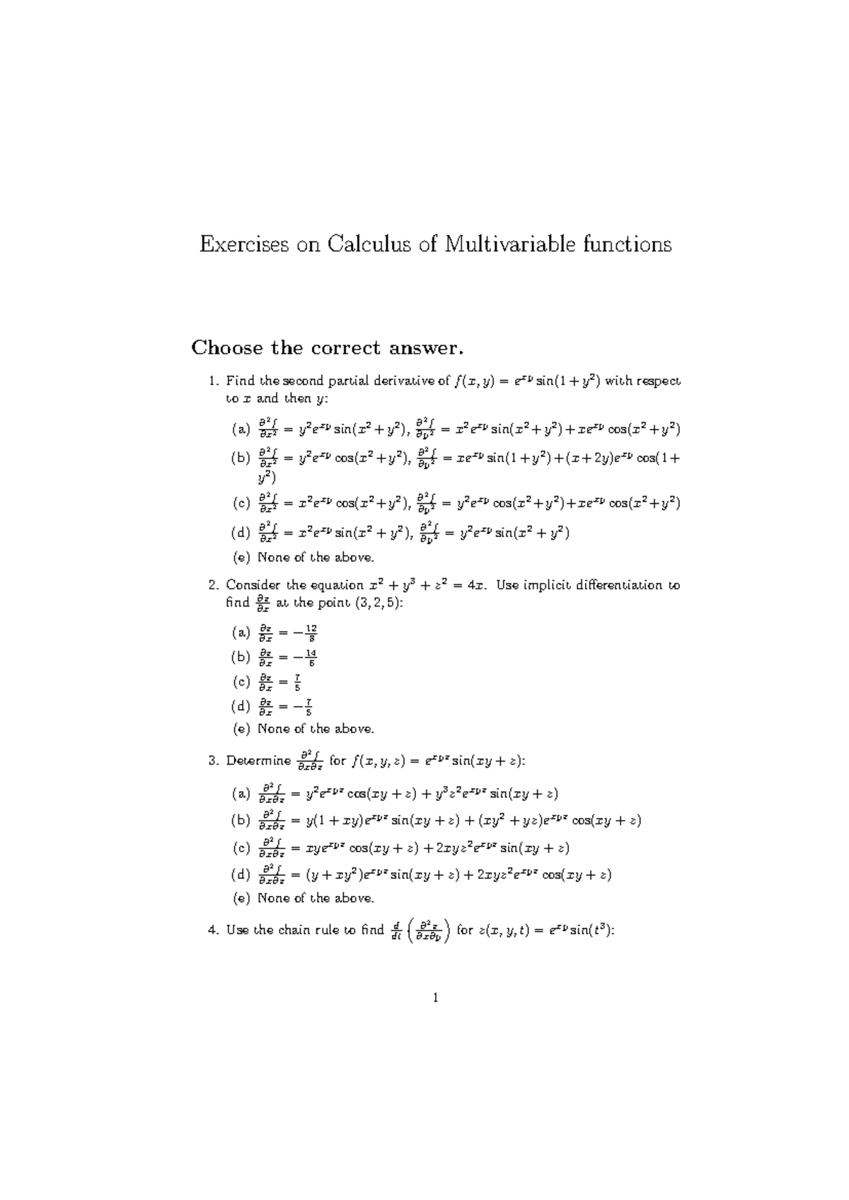 Exercises on Calculus of Multivariable Functions - 2023 - Studocu