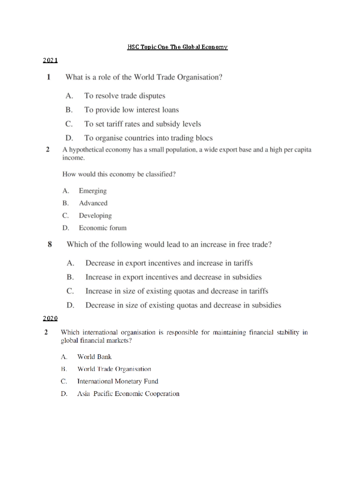 Topic One - HSC 2004-2021 - HSC Topic One The Global Economy 2021 - Studocu