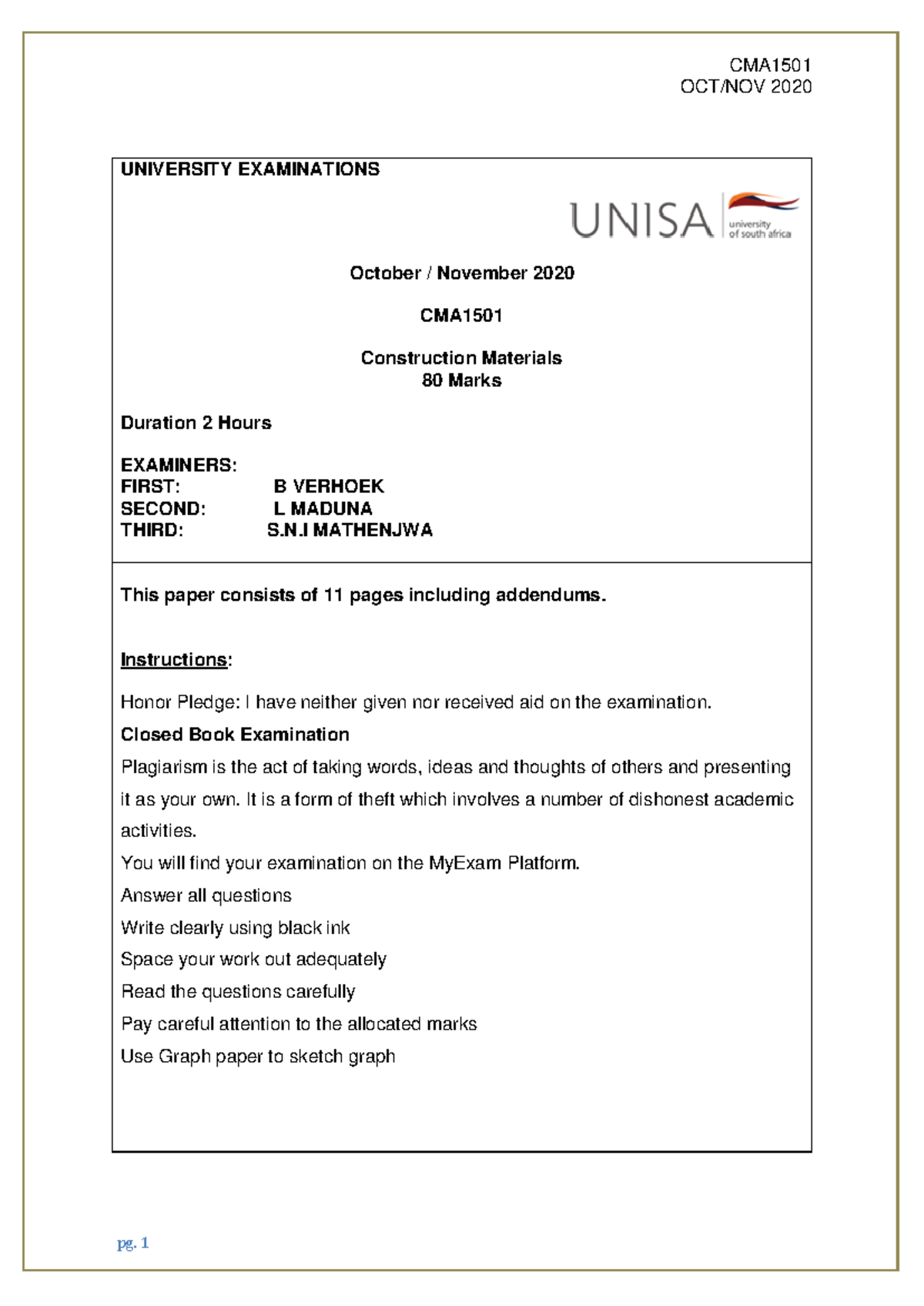 CMA1501 Final Exam Question Paper - Construction Materials Oct/Nov 2020 ...