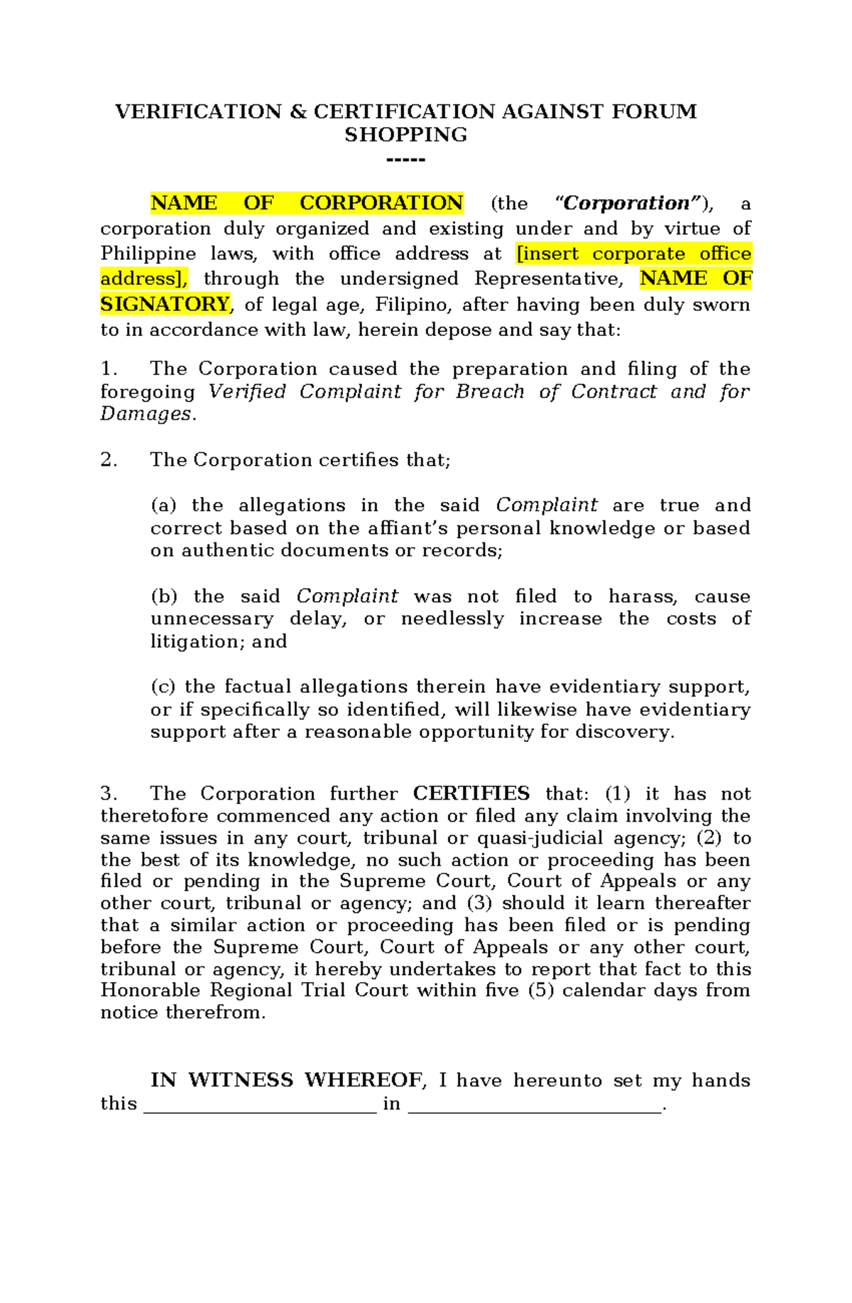 Verification & Certification Against Forum Shopping Document - Studocu