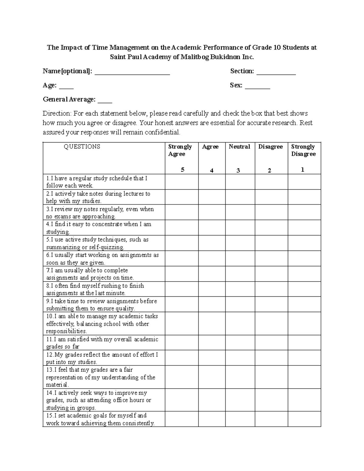 Time Management Impact Questionnaire for Grade 10 Students - Studocu