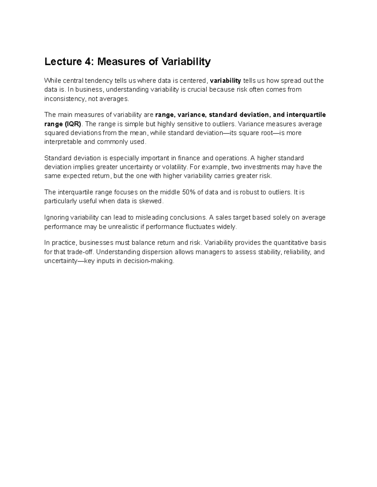 Lecture 4: Understanding Measures of Variability in Business - Studocu
