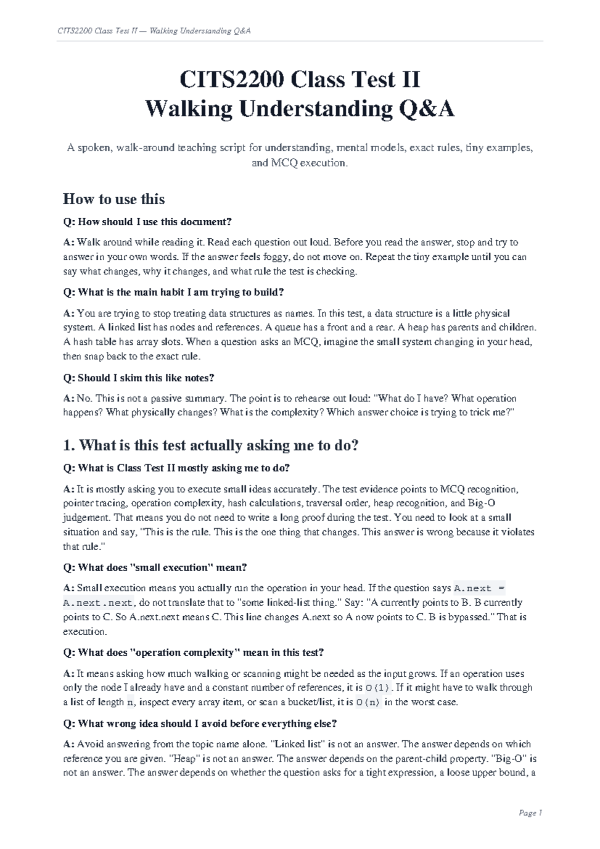 CITS2200 Class Test II Walking Understanding: Key Concepts and ...