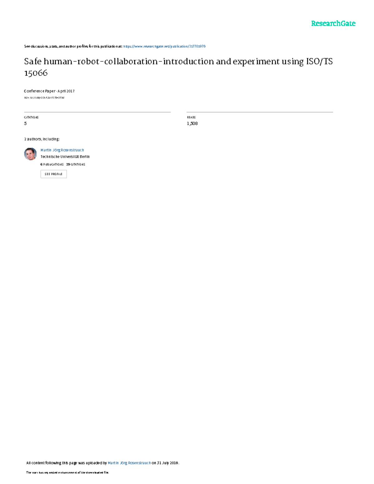 Safe Human-Robot Collaboration - Application of ISO/TS 15066 - Studocu