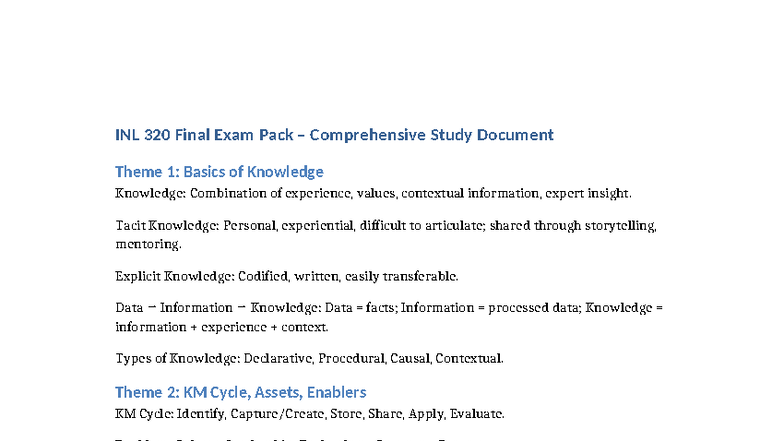 INL 320 Final Exam Study Guide: Comprehensive Knowledge Management Overview - Studocu