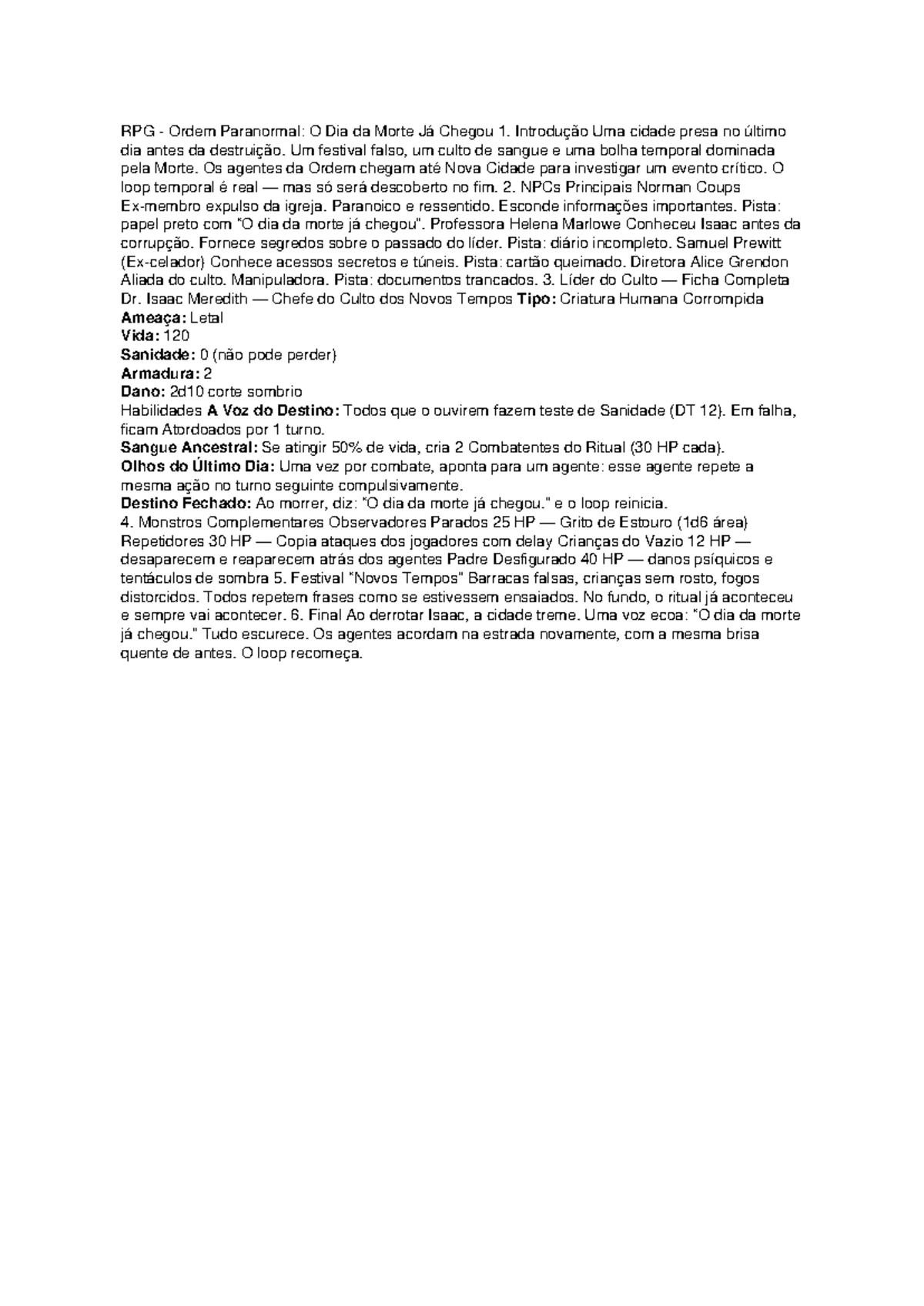 RPG Ordem Paranormal: O Dia da Morte e o Loop Temporal - Studocu