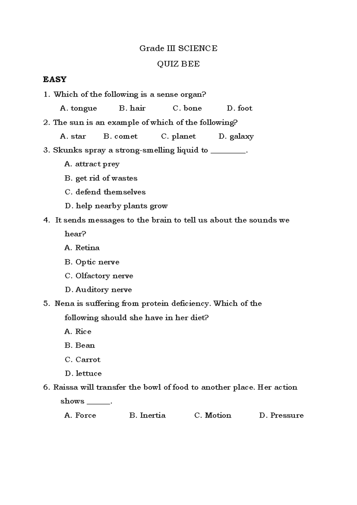 Grade III SCIENCE QUIZ BEE: Easy and Difficult Questions - Studocu