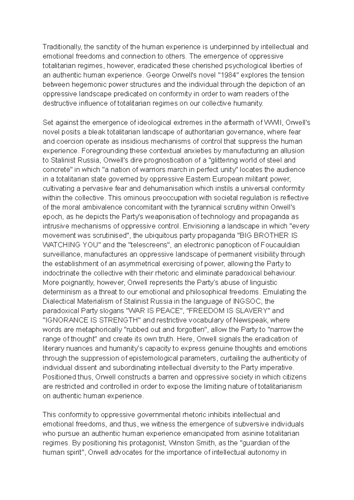 1984 Essay: The Impact of Totalitarianism on Human Experience - Studocu
