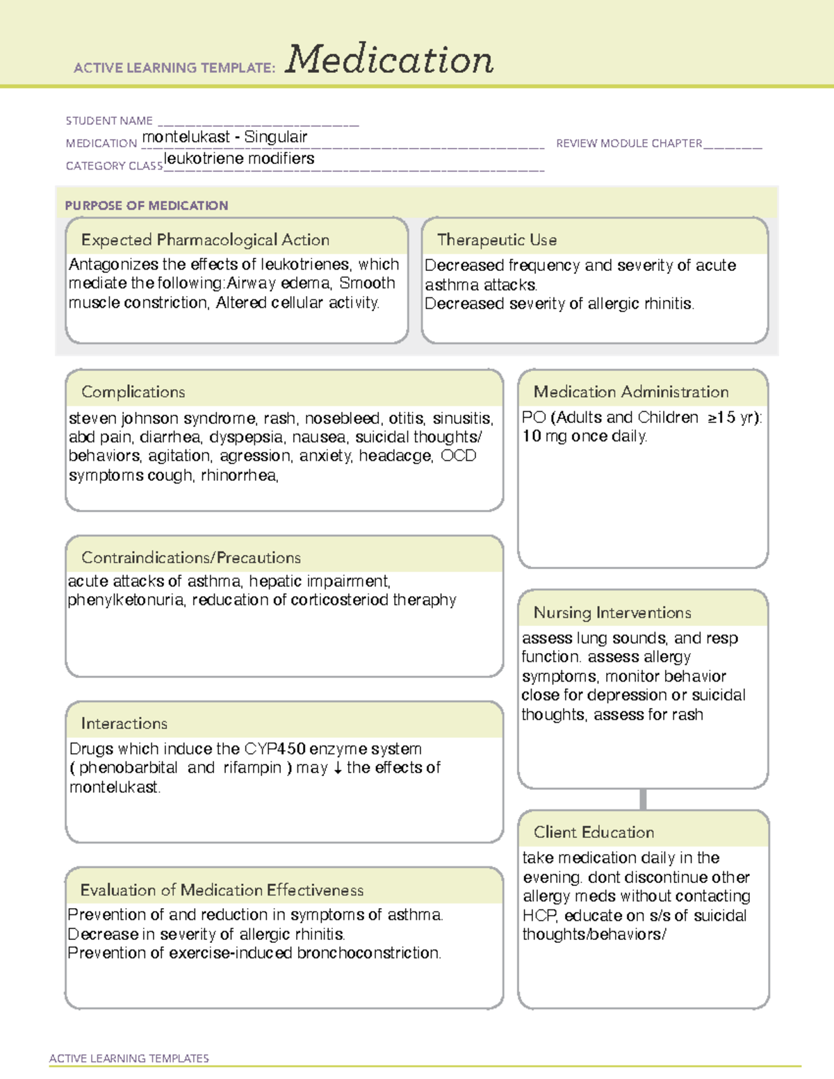 ATI Active Learning Template: Montelukast (Leukotriene Modifiers) - Studocu