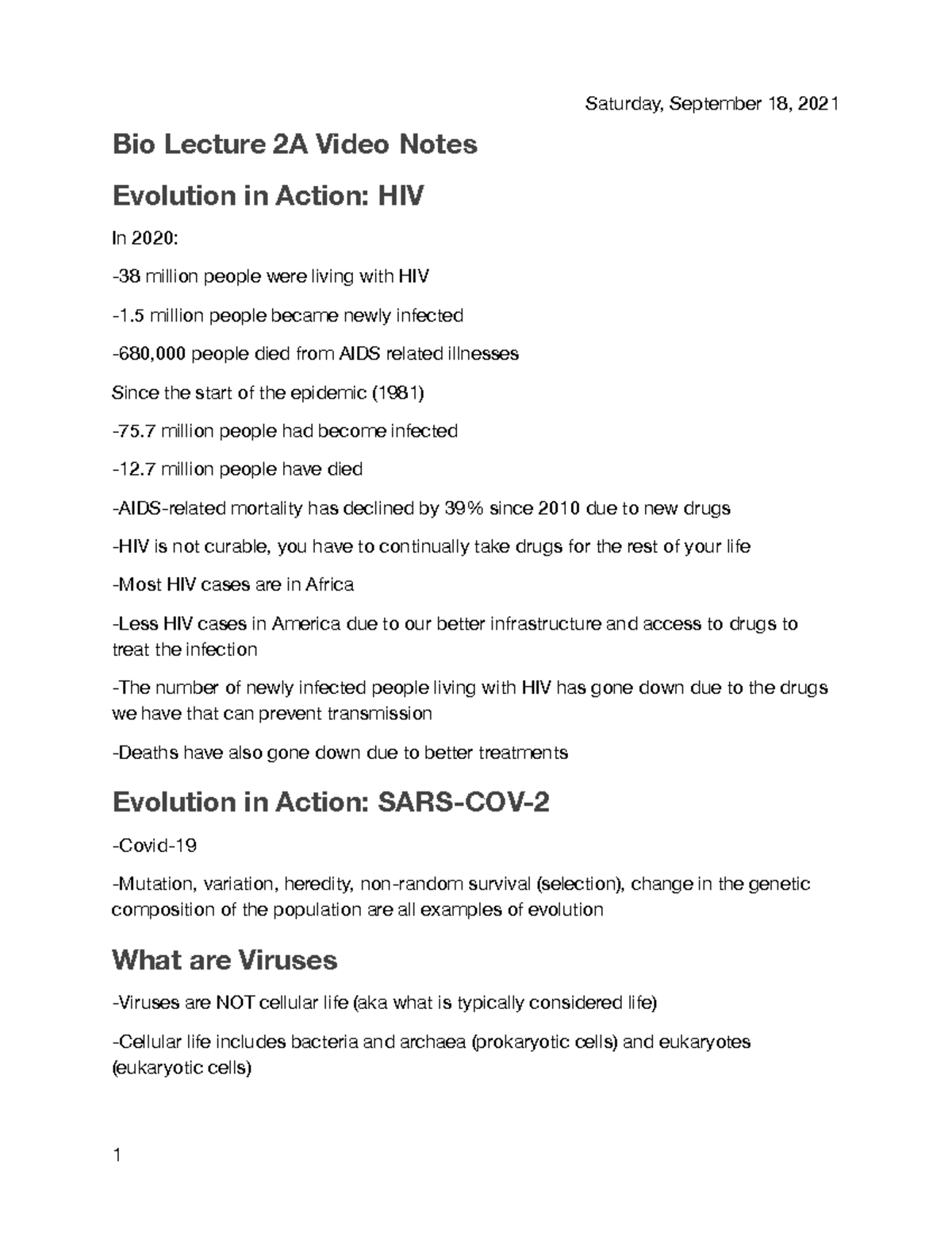 Bio Lecture 2A Video Notes: Evolution in Action - HIV Insights - Studocu
