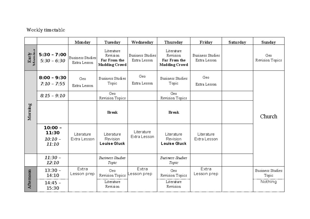 Weekly Study Timetable: Literature & Business Studies Extra Lessons ...