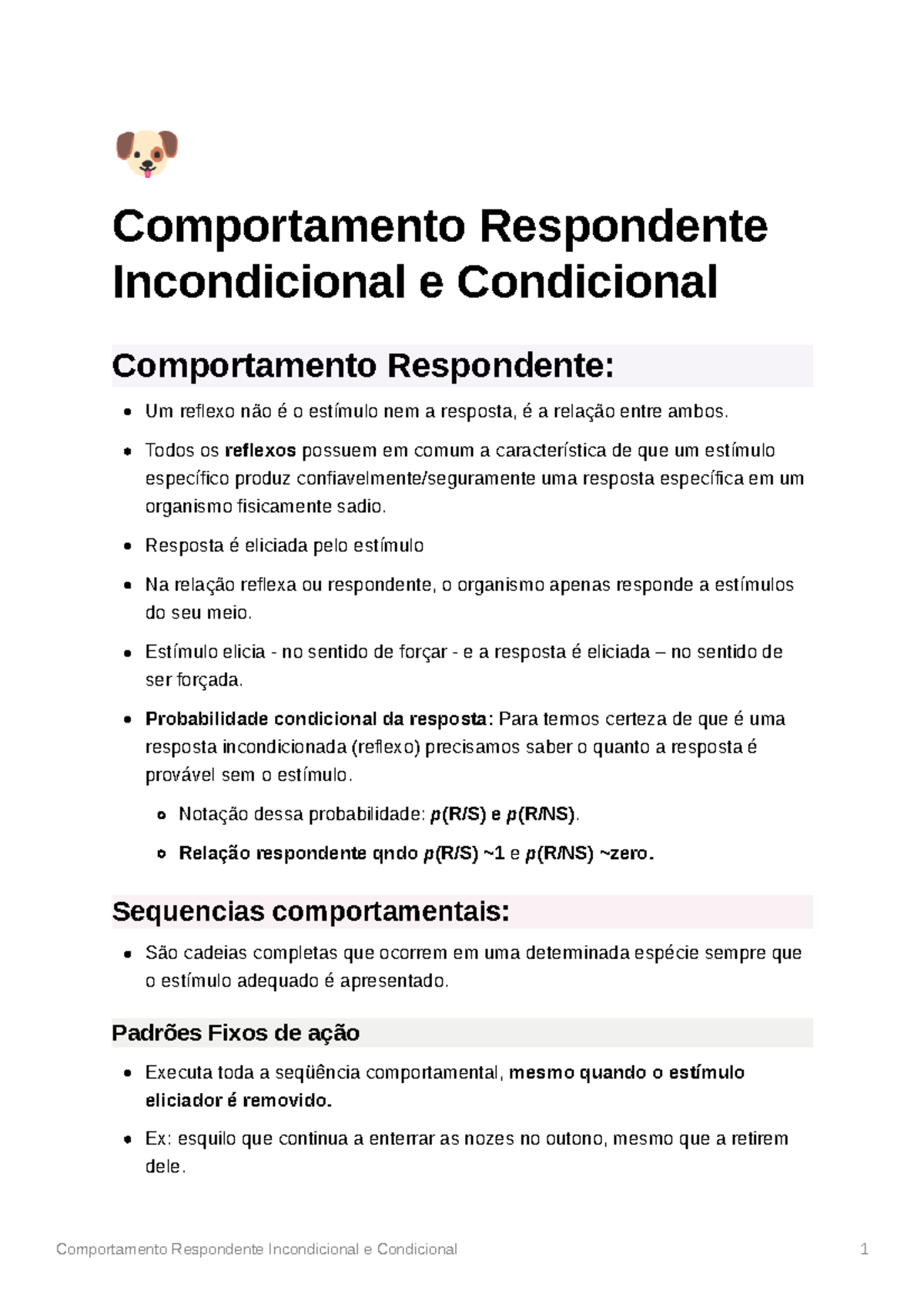 Resumo- Comportamento Respondente Incondicional e Condicional - 🐶 ...