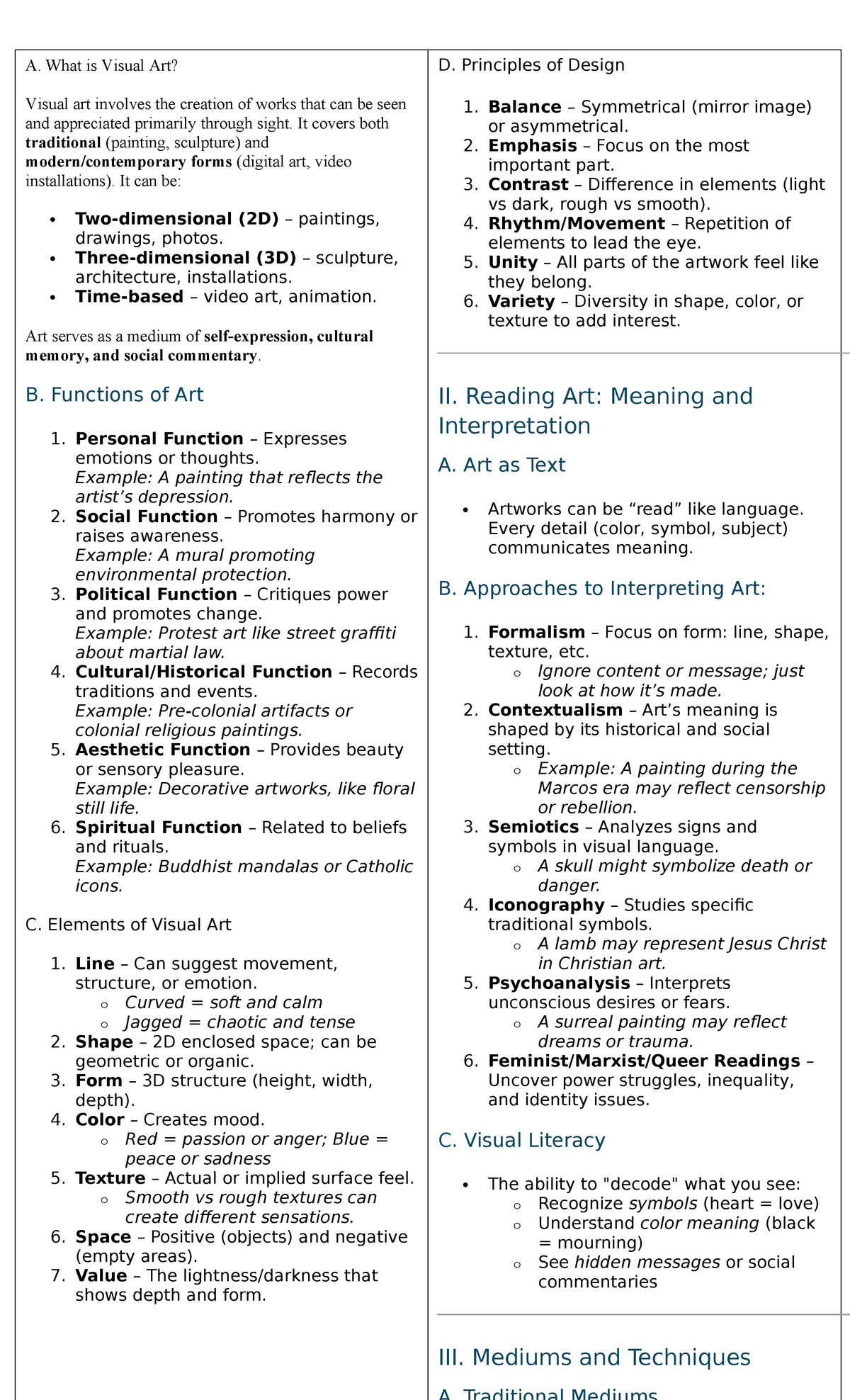 Visual Art Overview: Functions, Elements, and Interpretation - Studocu