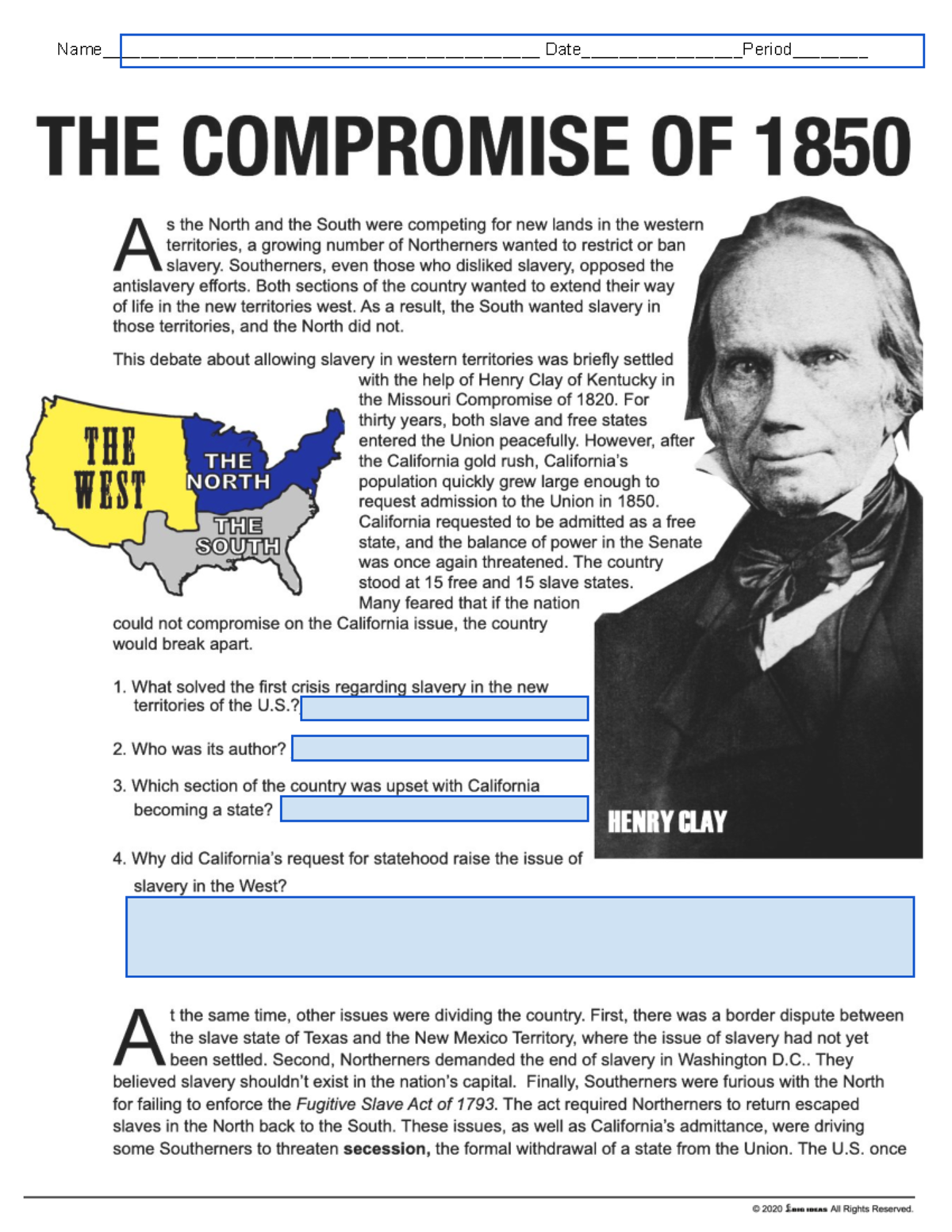 Compromise of 1850 Worksheet: Key Issues and Background Analysis - Studocu