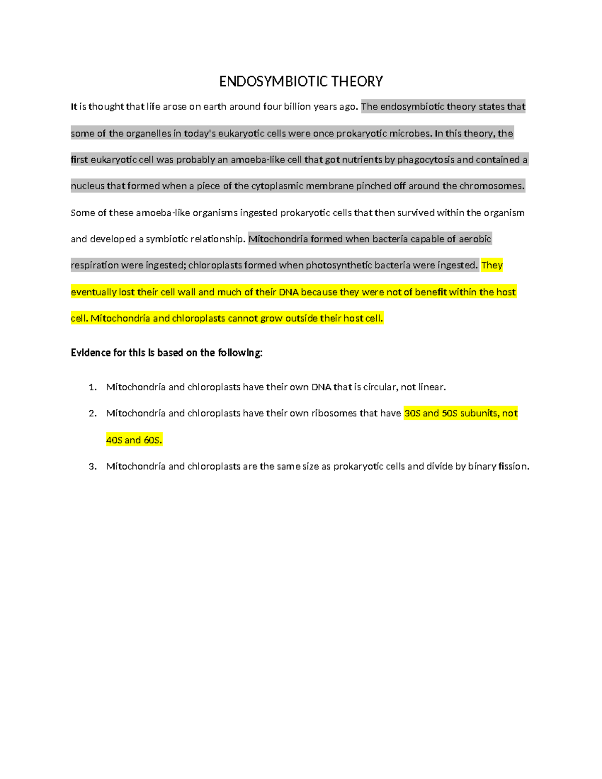 BIO revision notes - Summary Nursing - ENDOSYMBIOTIC THEORY It is ...
