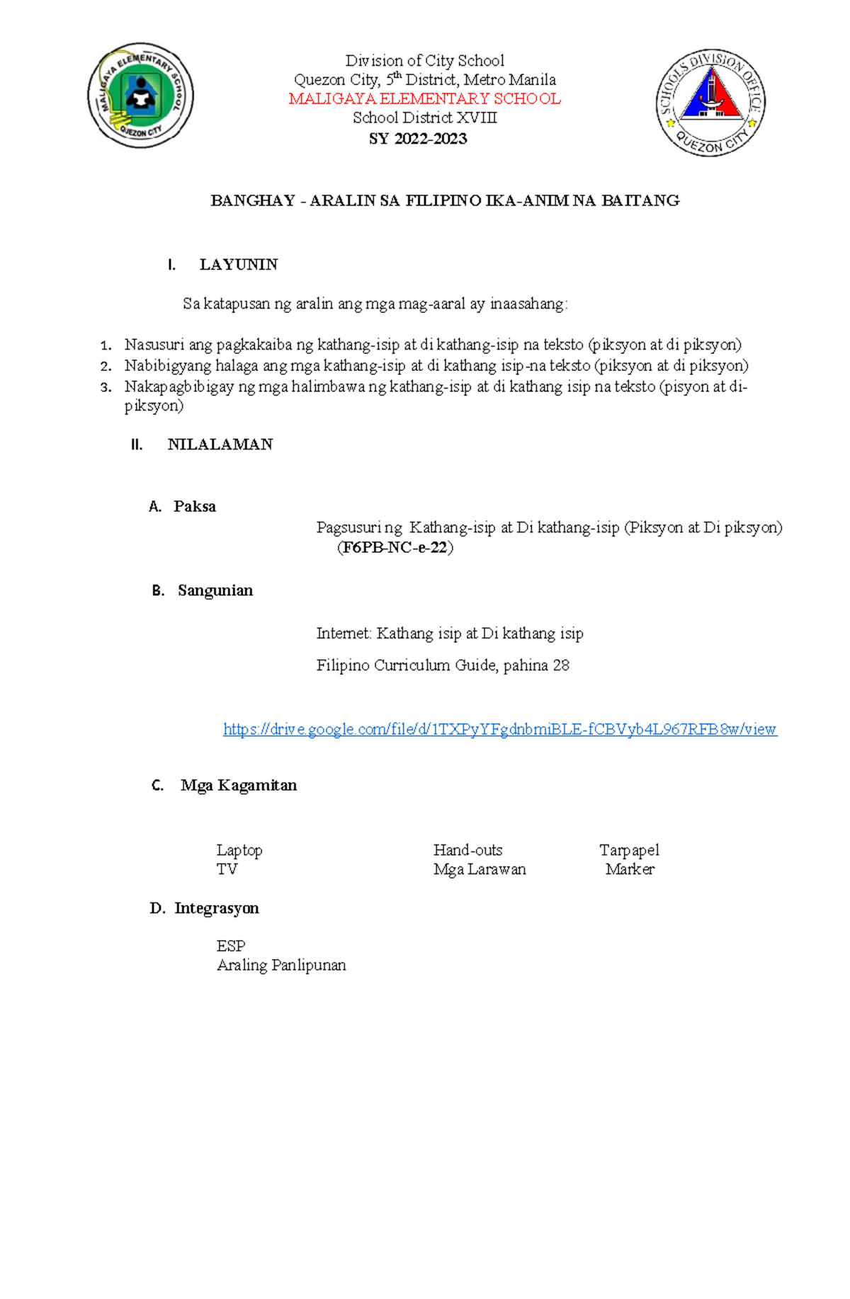 Pagsusuri ng Kathang-Isip at Di Kathang-Isip sa Filipino 6 (F6PB-NC-e ...
