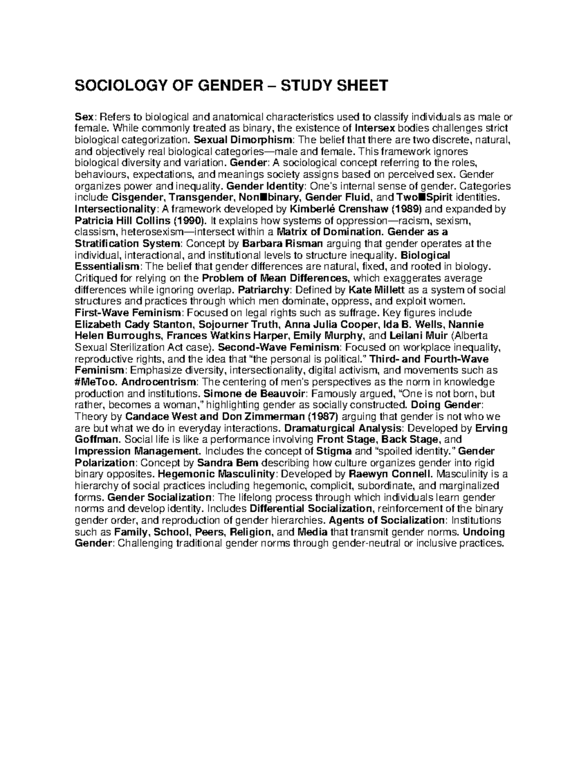 Sociology of Gender Study Sheet: Key Concepts & Theories - Studocu