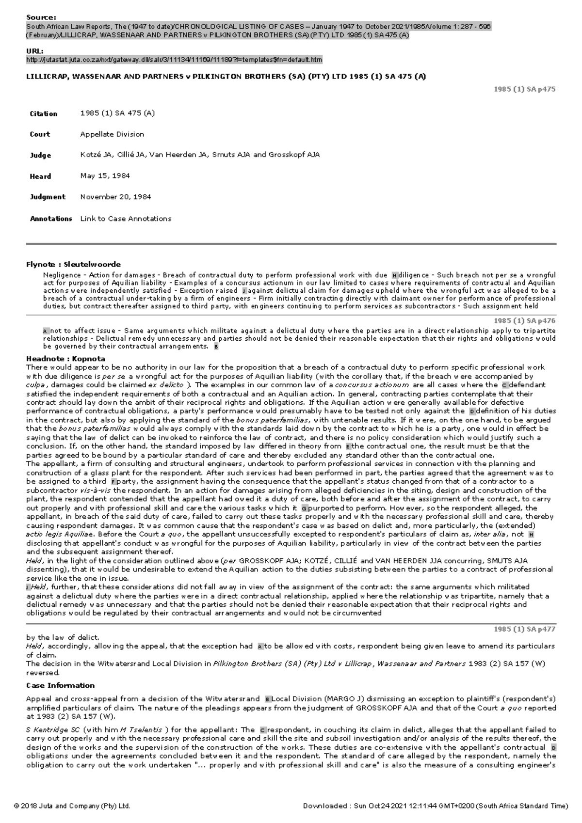 Lillicrap, Wassenaar AND Partners v Pilkington Brothers SA PTY LTD 1985 ...