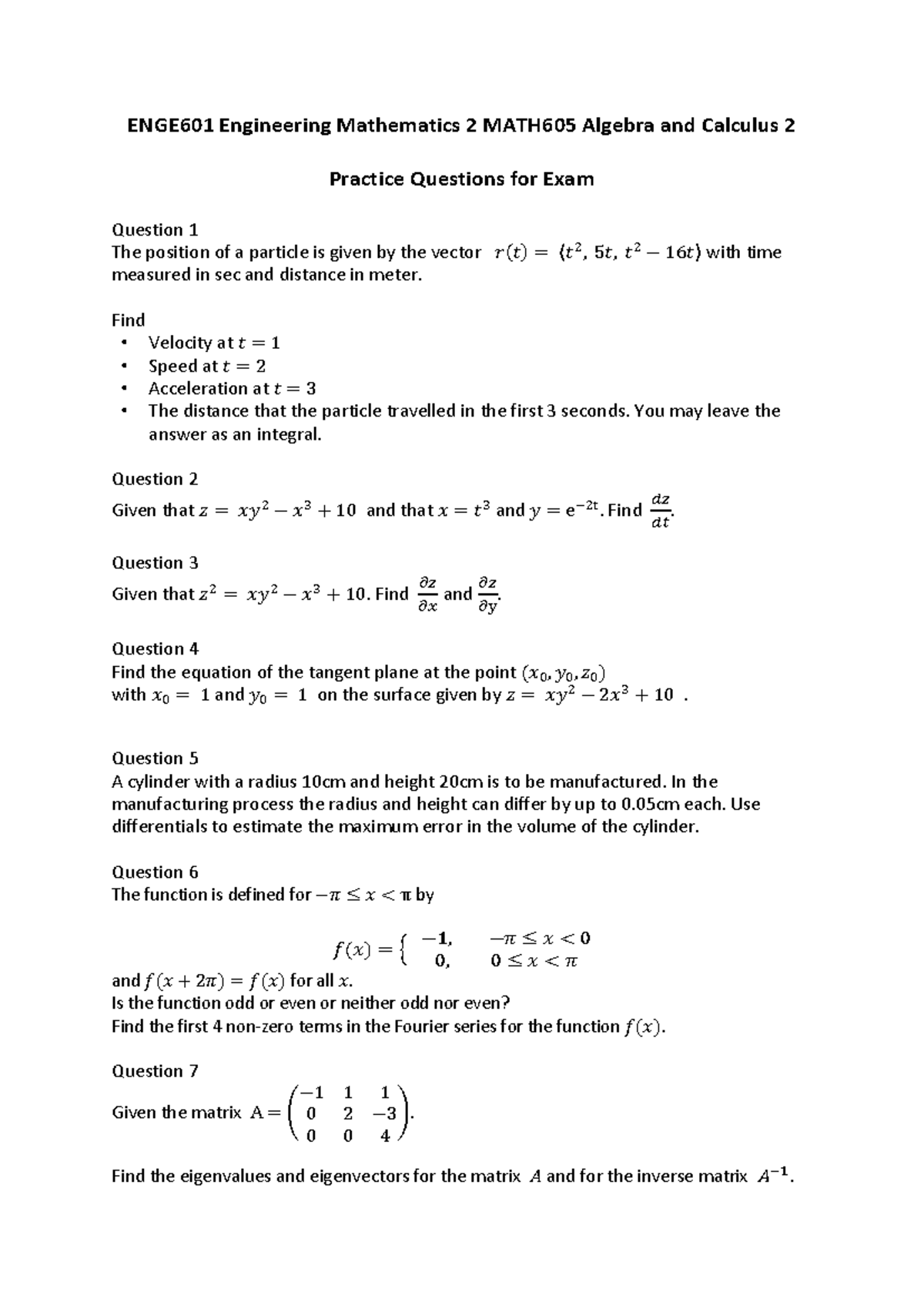 ENGE601 MATH605 Algebra & Calculus 2 Practice Exam Questions - Studocu