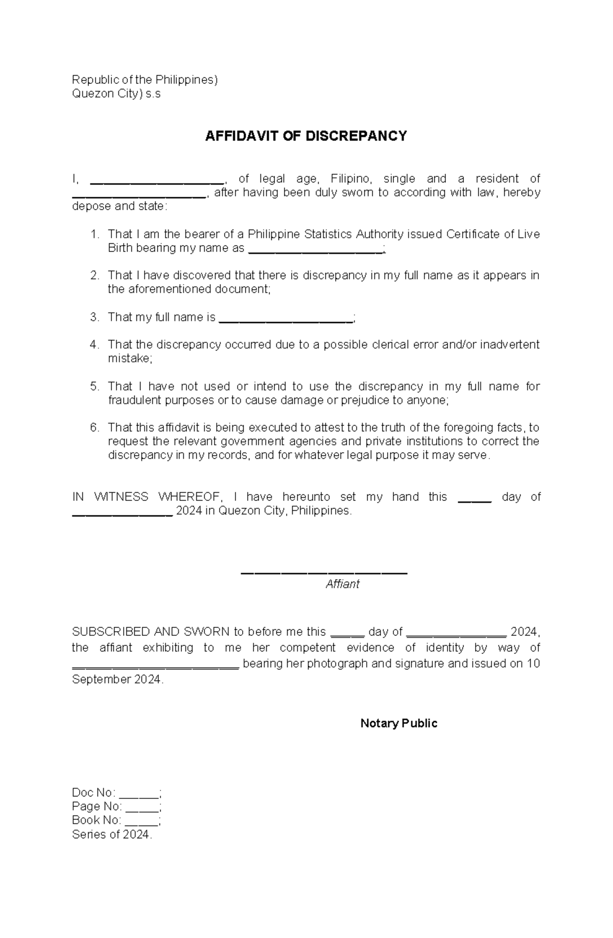 Affidavit of Discrepancy Sample (Philippines Legal Document) - Studocu