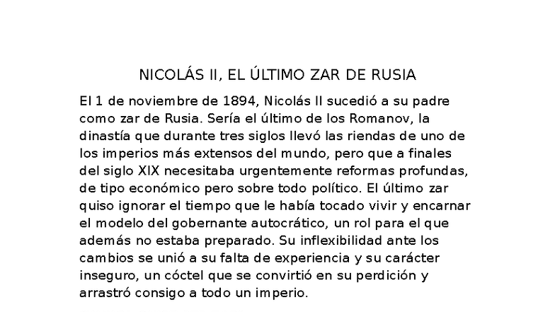 NICOLÁS II: El Último Zar de Rusia - Apuntes Históricos - Studocu