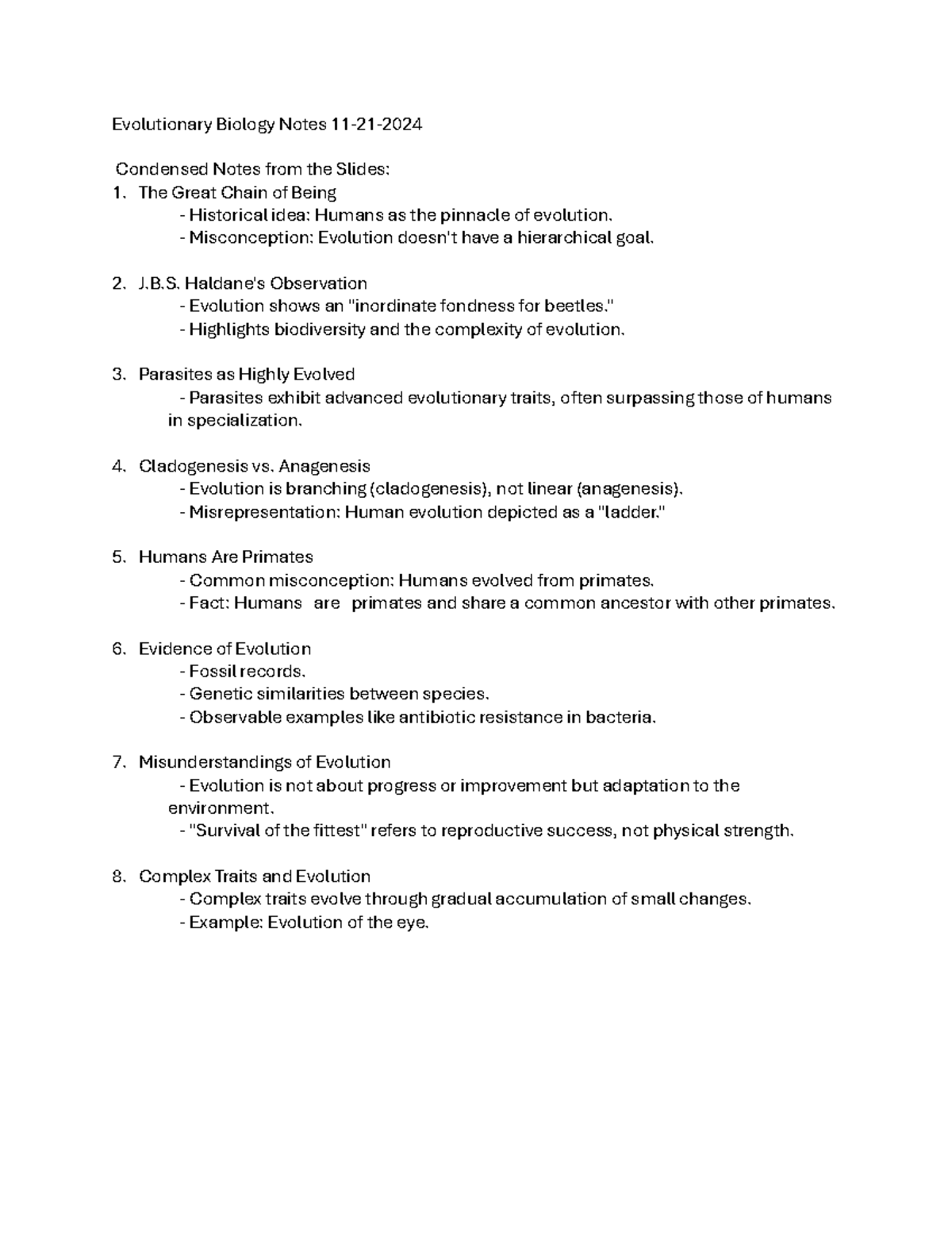 Evolutionary Biology Notes & Quiz (11-27-2024) - Key Concepts and ...
