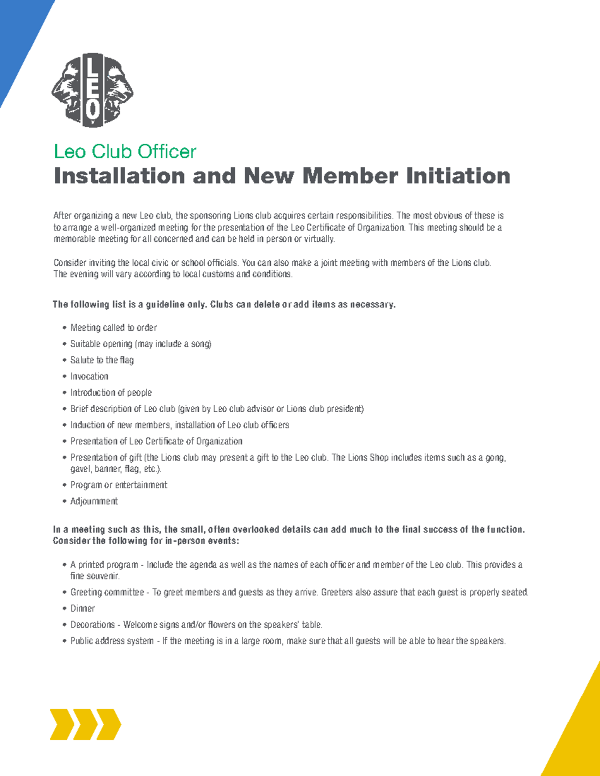 Leo Club Officer Installation & New Member Initiation Guide - Studocu