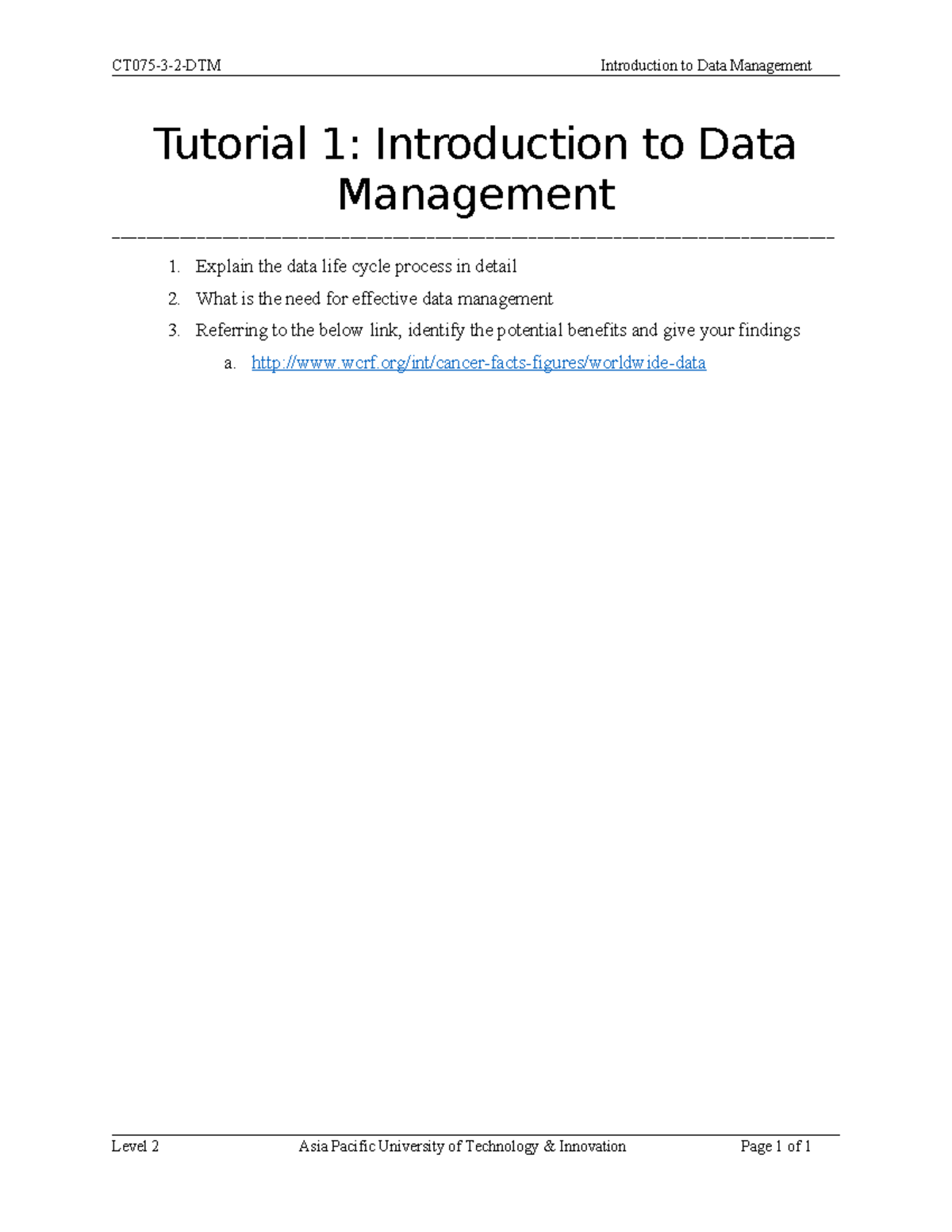Tutorial 1 - Introduction to data management - CT075-3-2-DTM ...