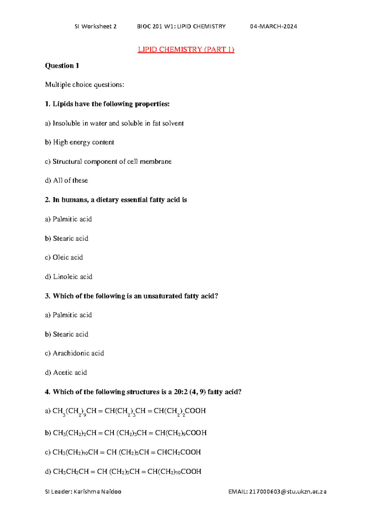 BIOC 201 Worksheet 2: Lipid Chemistry Study Material - March 2024 - Studocu