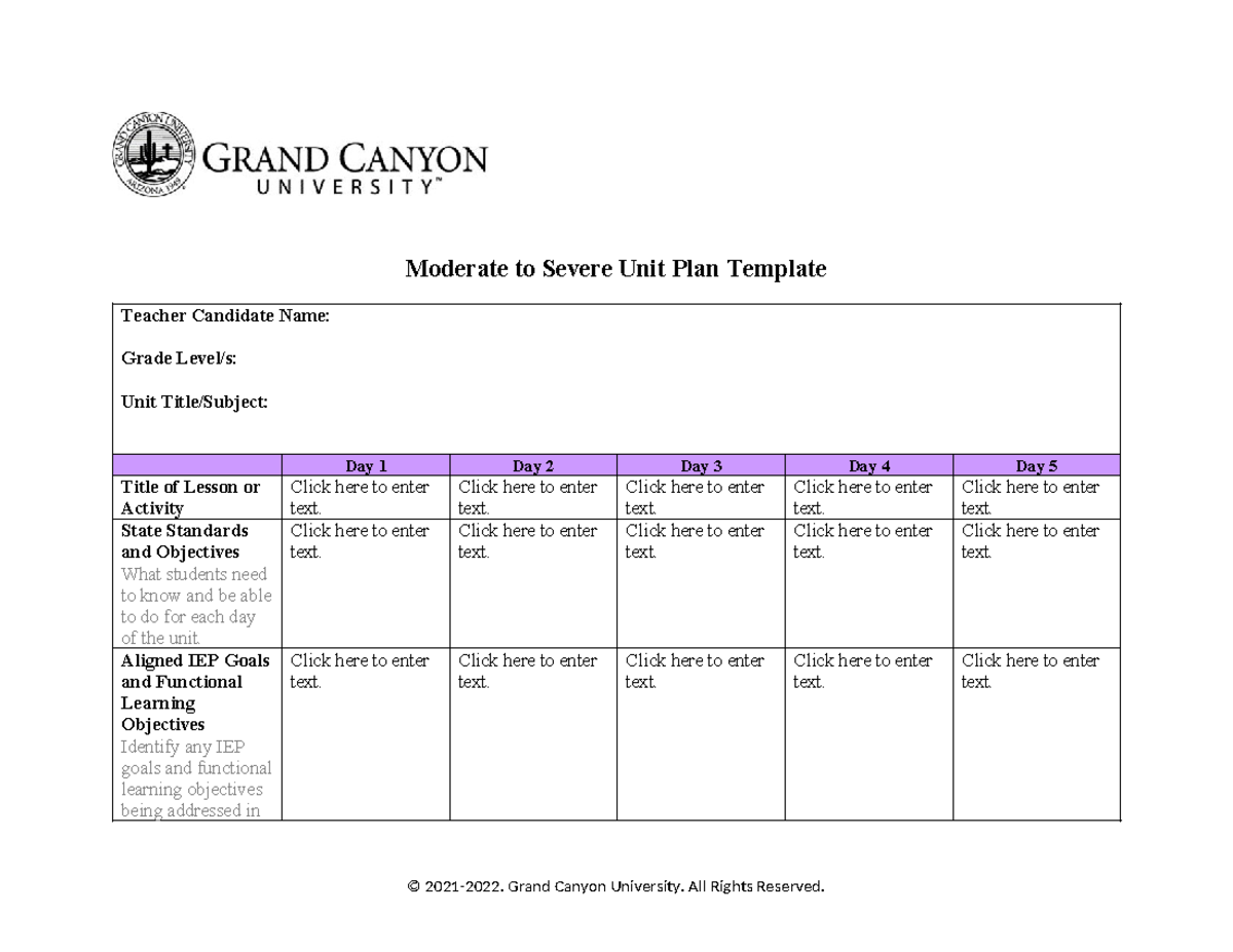 Moderate to Severe Unit Plan Template for Special Education Class - Studocu