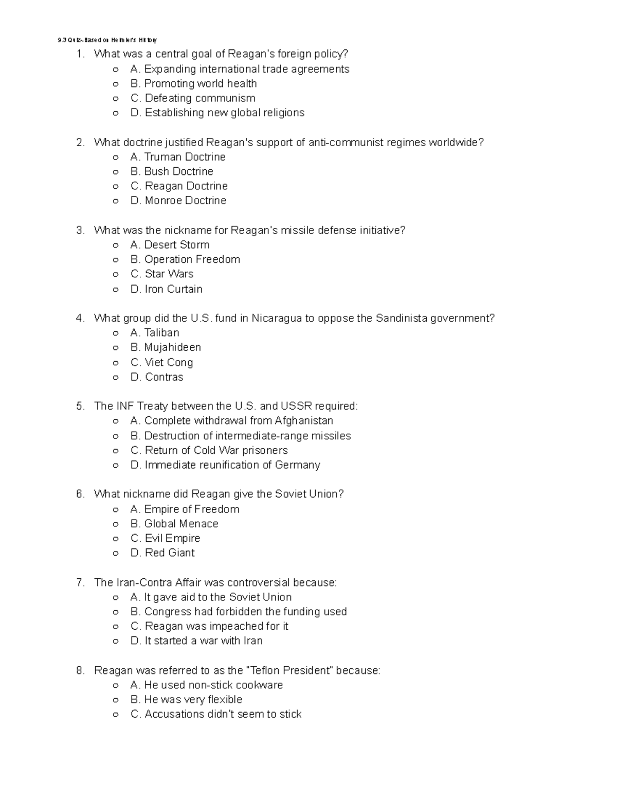U9.3 Quiz - Heimler's History: Reagan's Foreign Policy Exploration ...