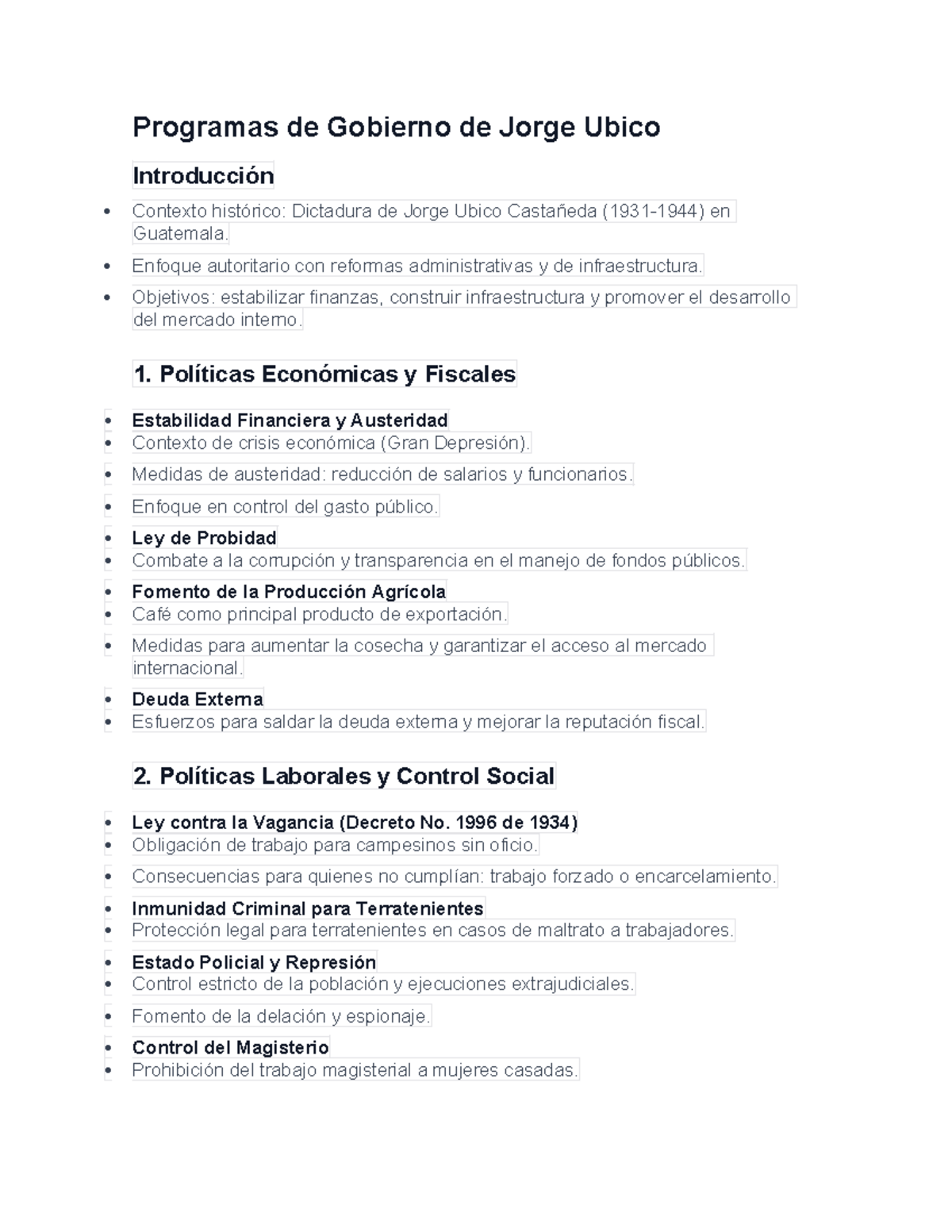 Exposición: Programas de Gobierno de Jorge Ubico en Guatemala - Studocu