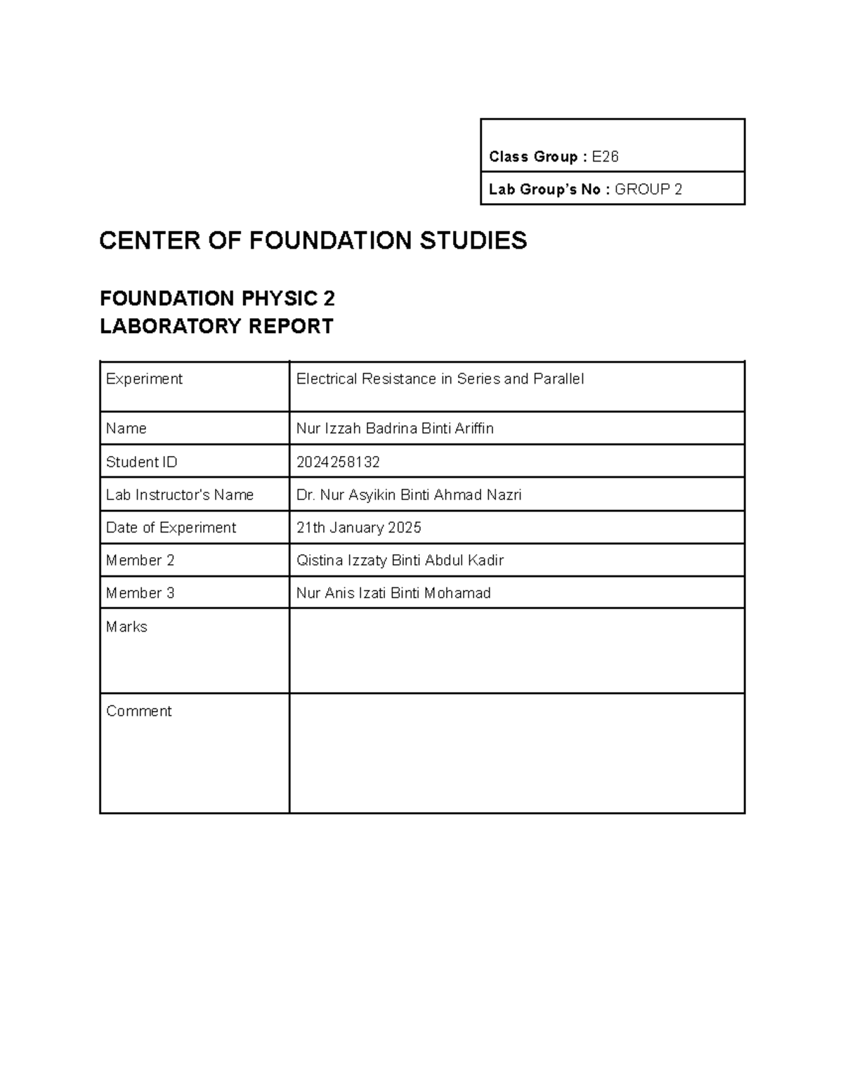 Lab Report phy 2 - phy - Class Group : E Lab Group’s No : GROUP 2 ...