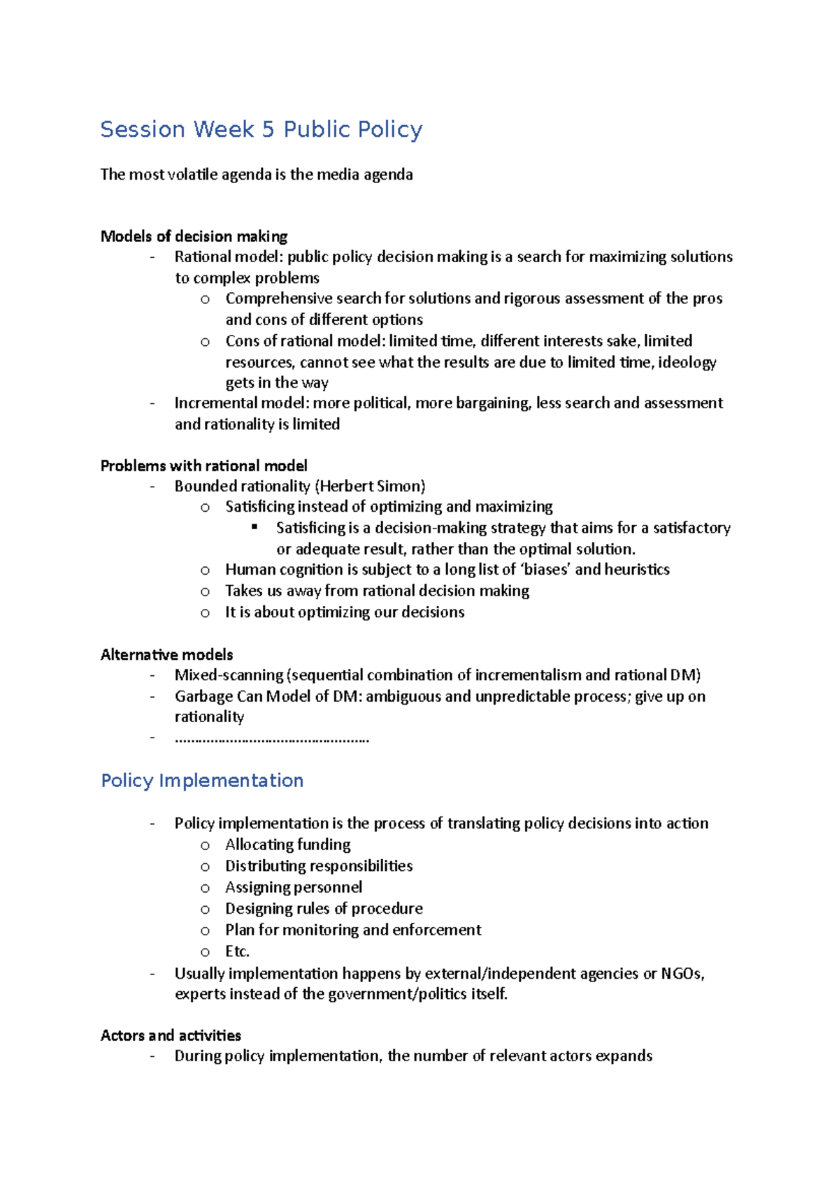 Session 5 Public Policy: Decision Making Models and Implementation ...