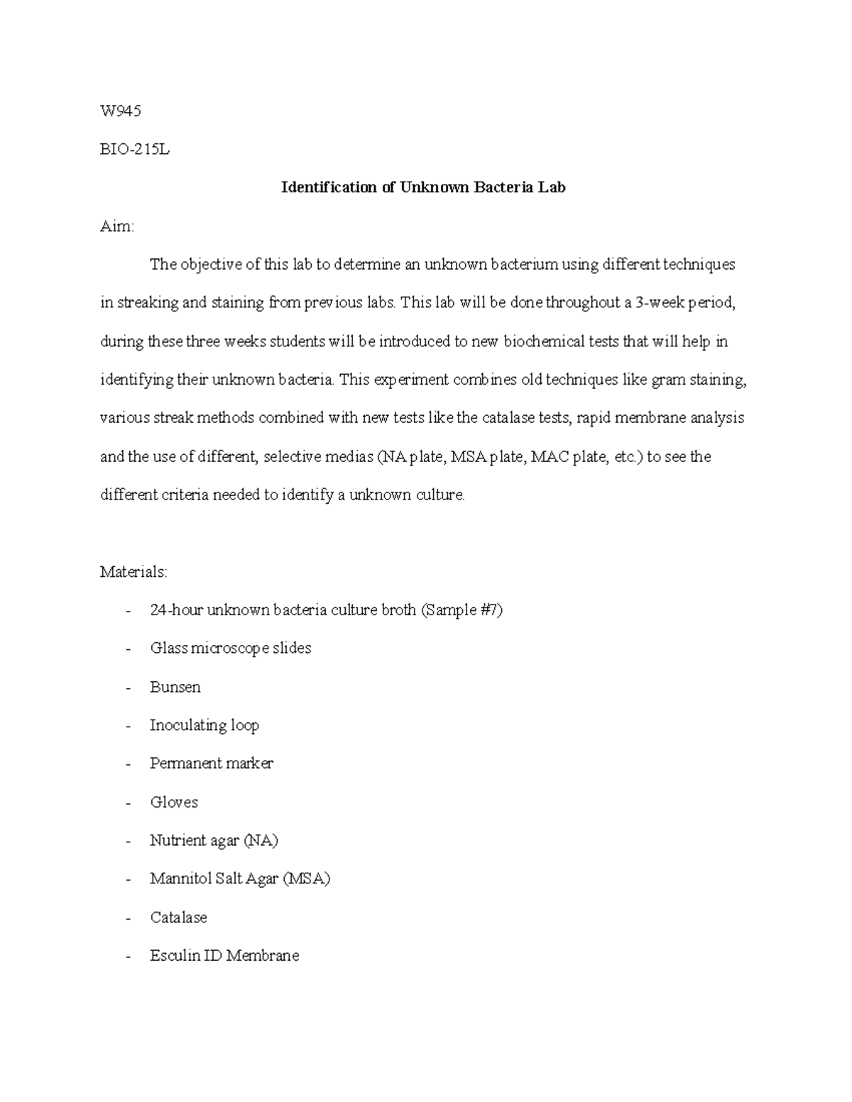 BIO-215L Unknown Bacteria Identification Lab Report - Studocu