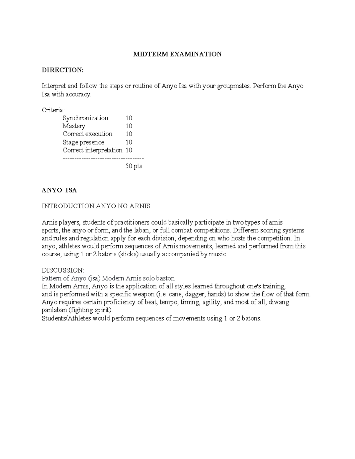 ANYO-isa Midterm Exam: Arnis Performance Assessment Guide - Studocu
