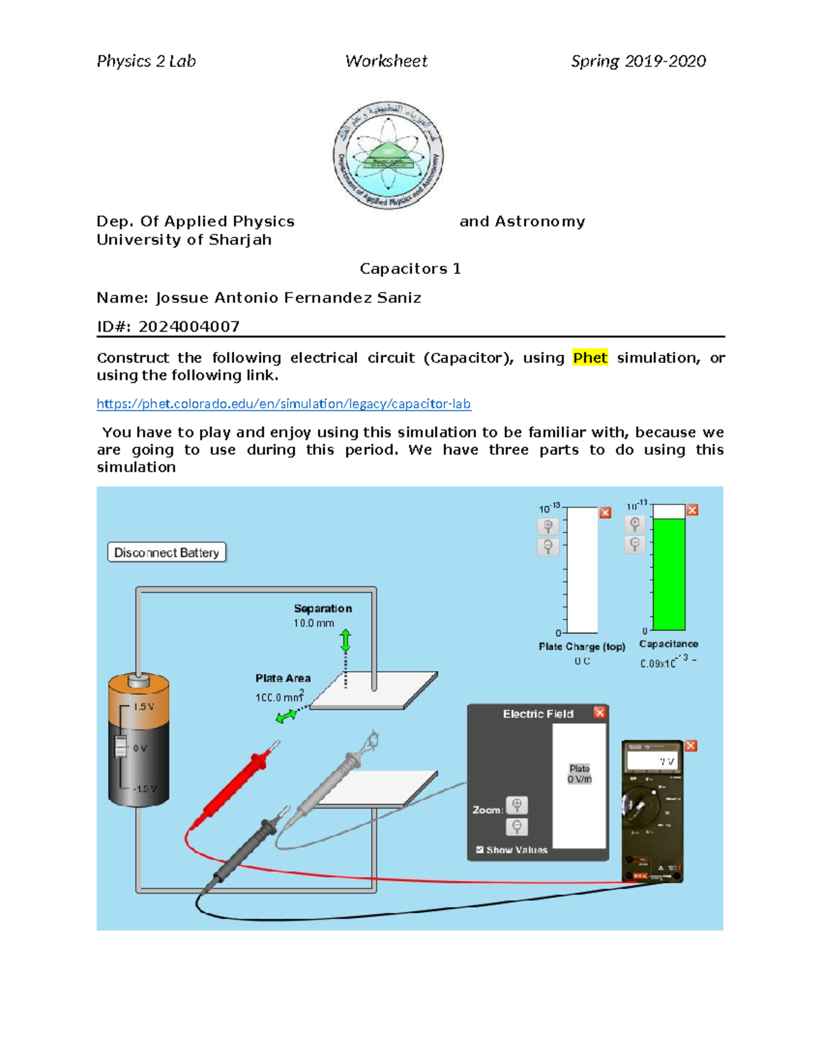 Physics 2 Lab Worksheet: Capacitors & Capacitance Analysis 2025-1 - Studocu
