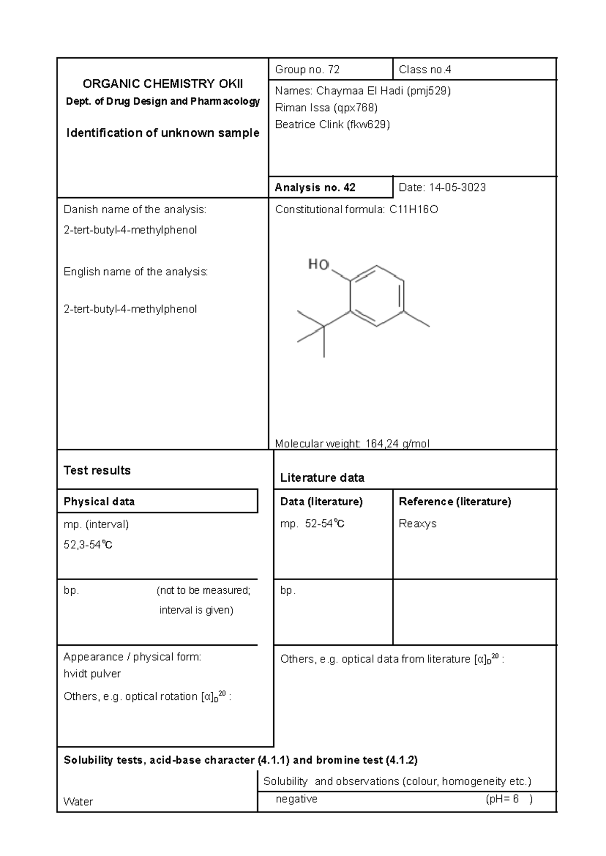 Substance Identification Report - Organic Chemistry OKII 2023 (Analysis ...
