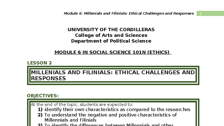 SOC SCI 101N: Ethics Module 6 - Millennials & Filinials' Ethical ...