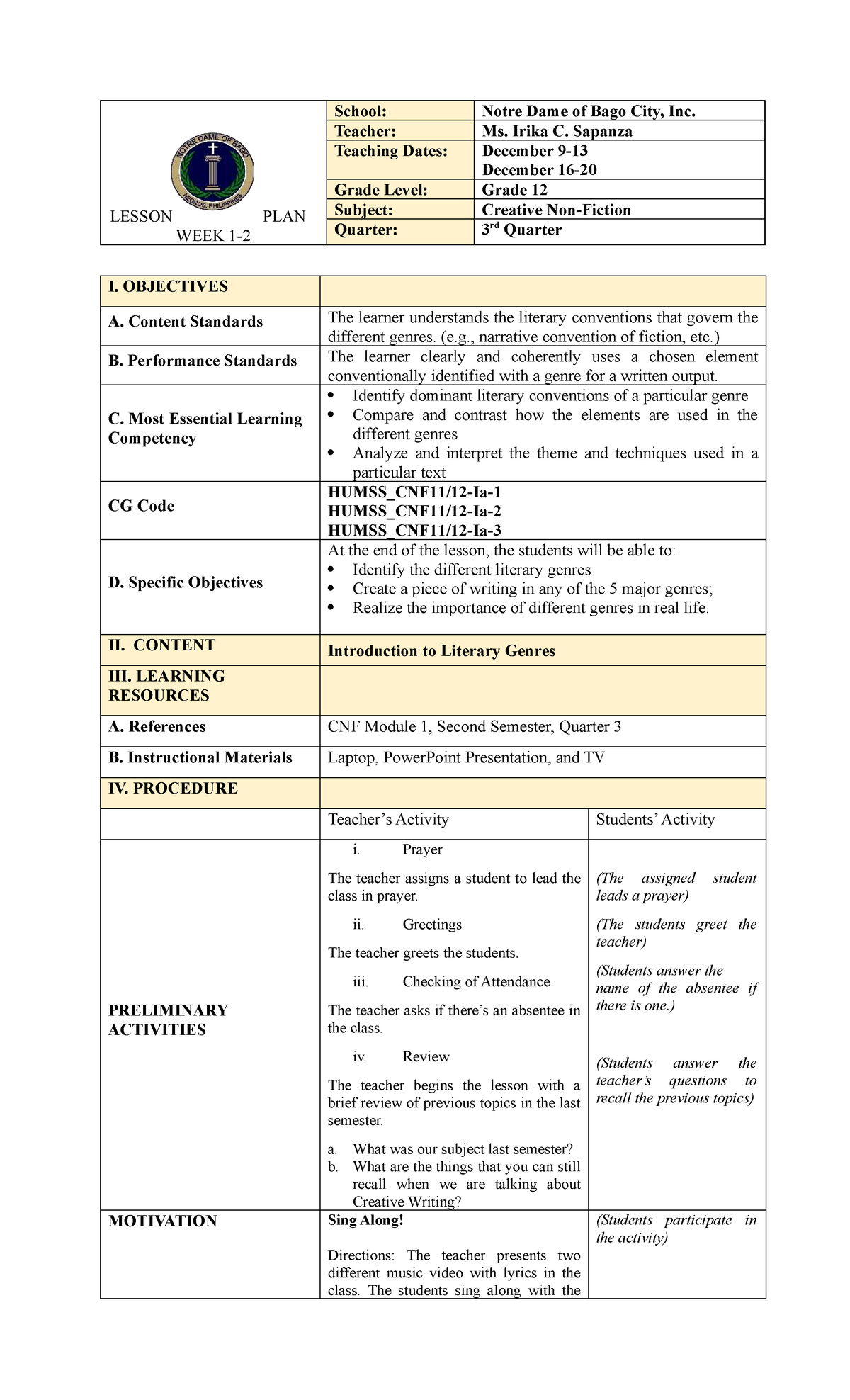 CNF-Week 1&2 - Lesson Plan in Creative Writing - LESSON PLAN WEEK 1 ...
