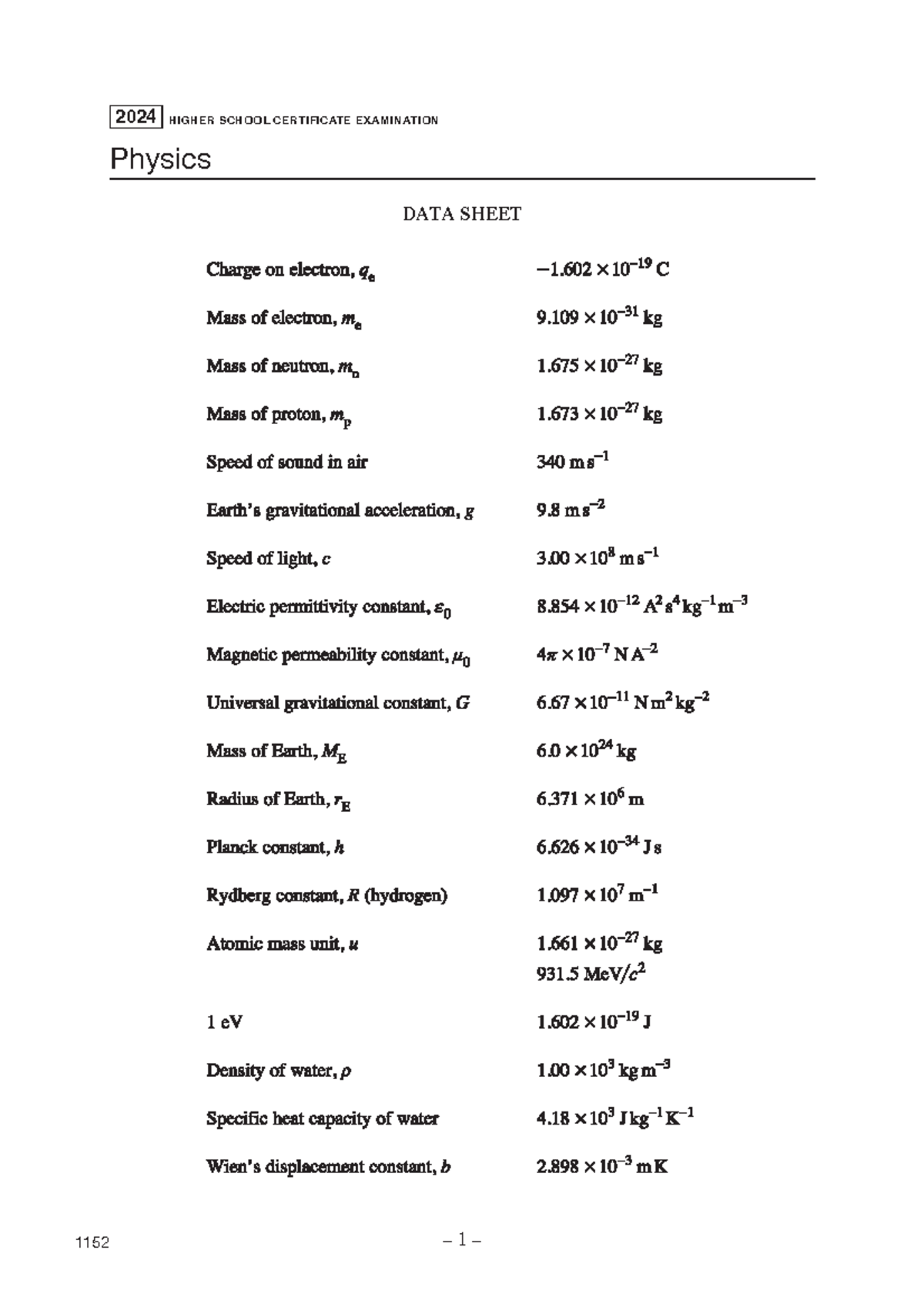 HSC Physics- Formula sheet and data sheet - – 1 – 2024 HIGHER SCHOOL CERTIFICATE EXAMINATION ...
